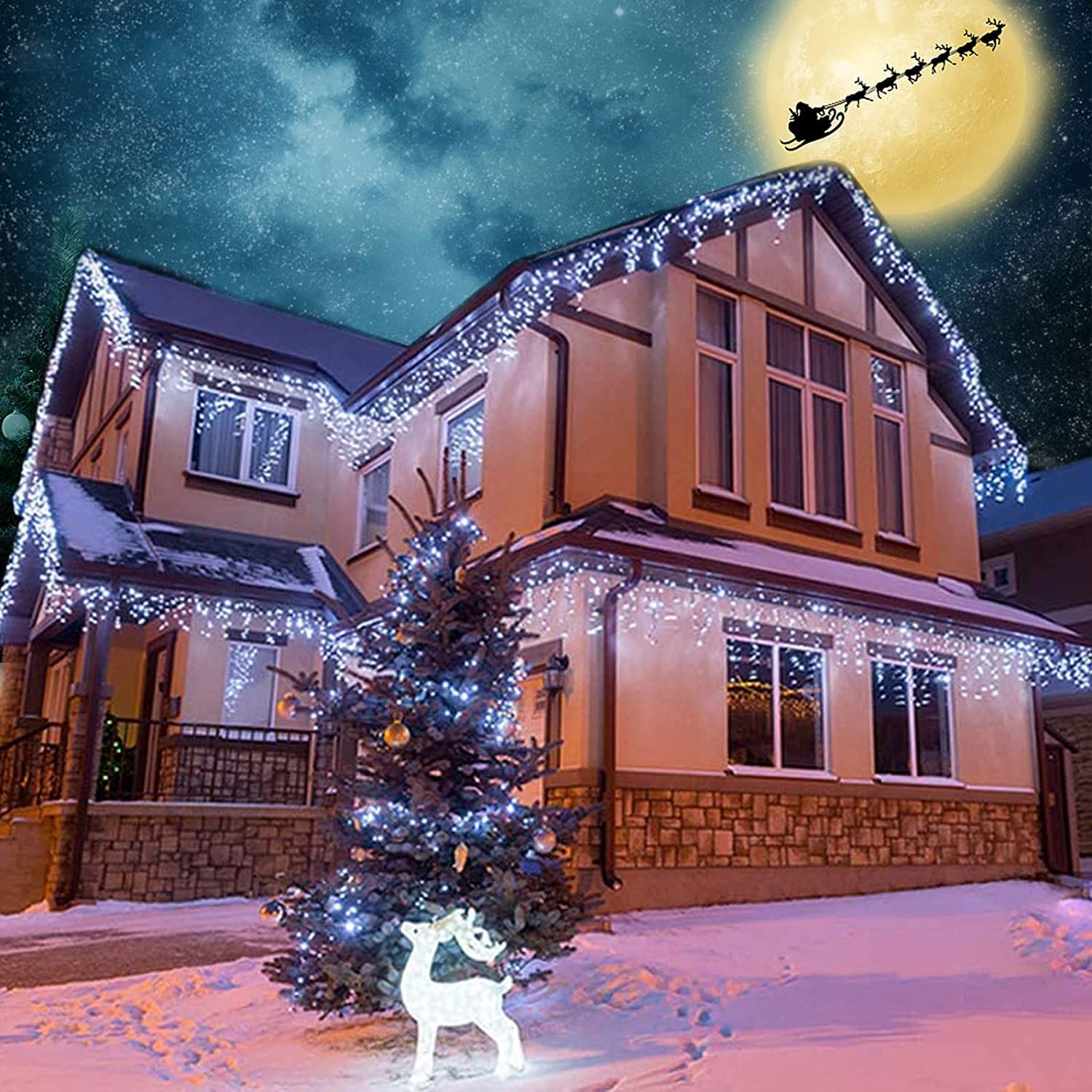 Joomer Christmas Icicle Lights,300 LED 29ft 8 Modes with 60 Drops,Christmas Lights with Timer,Waterproof Connectable Outdoor String Lights for Holiday,Wedding,Party Christmas Decorations(White)