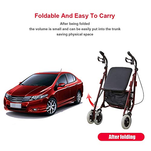 Rollator Walker Wheelchair - 2 in 1 Rolling Walker Transport Chair for Seniors - Folding Walking Aid with Seat - Supports 100kg/220lbs(Colour: Red)