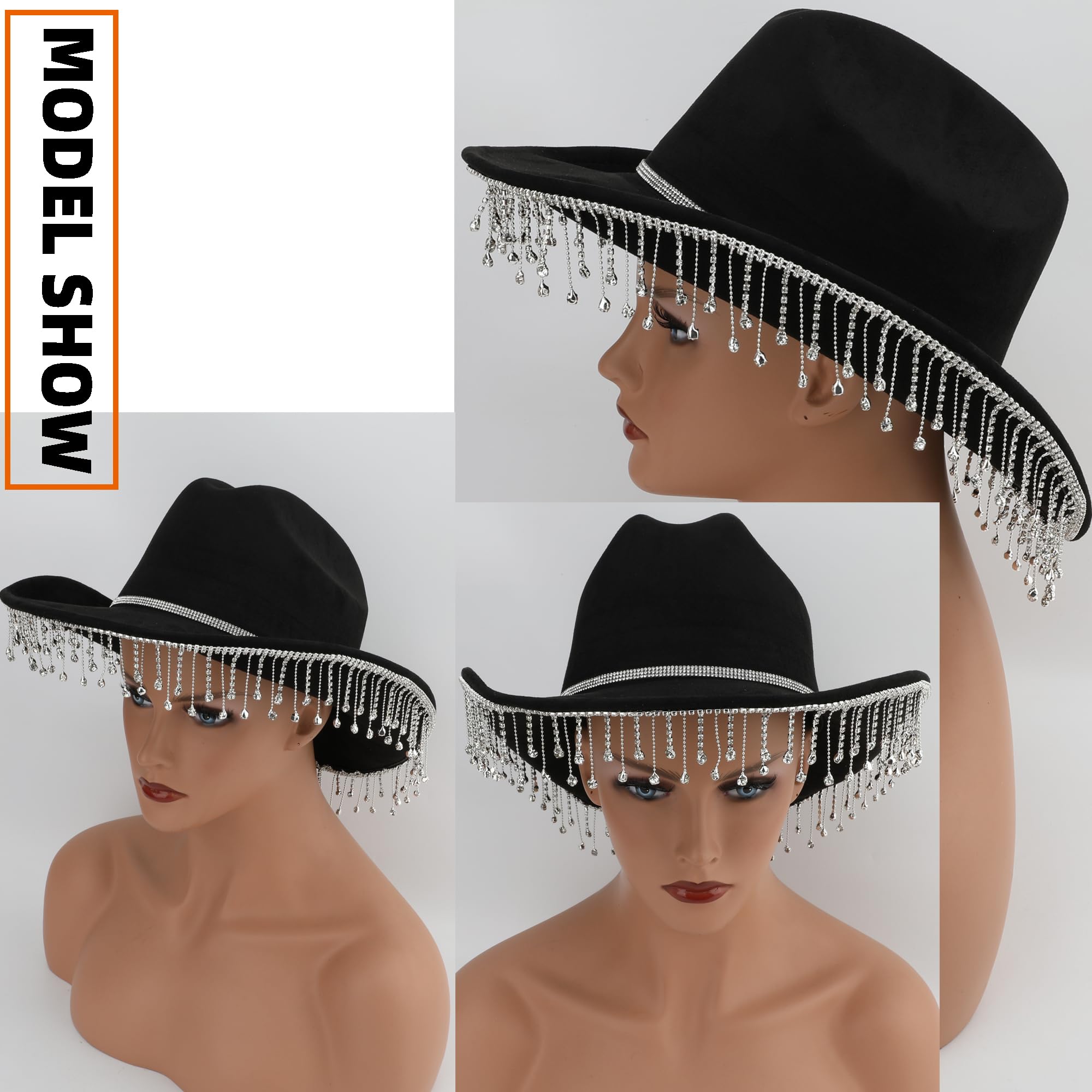 Melesh Women Cowgirl Hat Rhinestone Fringe Bling Western Cowboy Hat (Up-White)