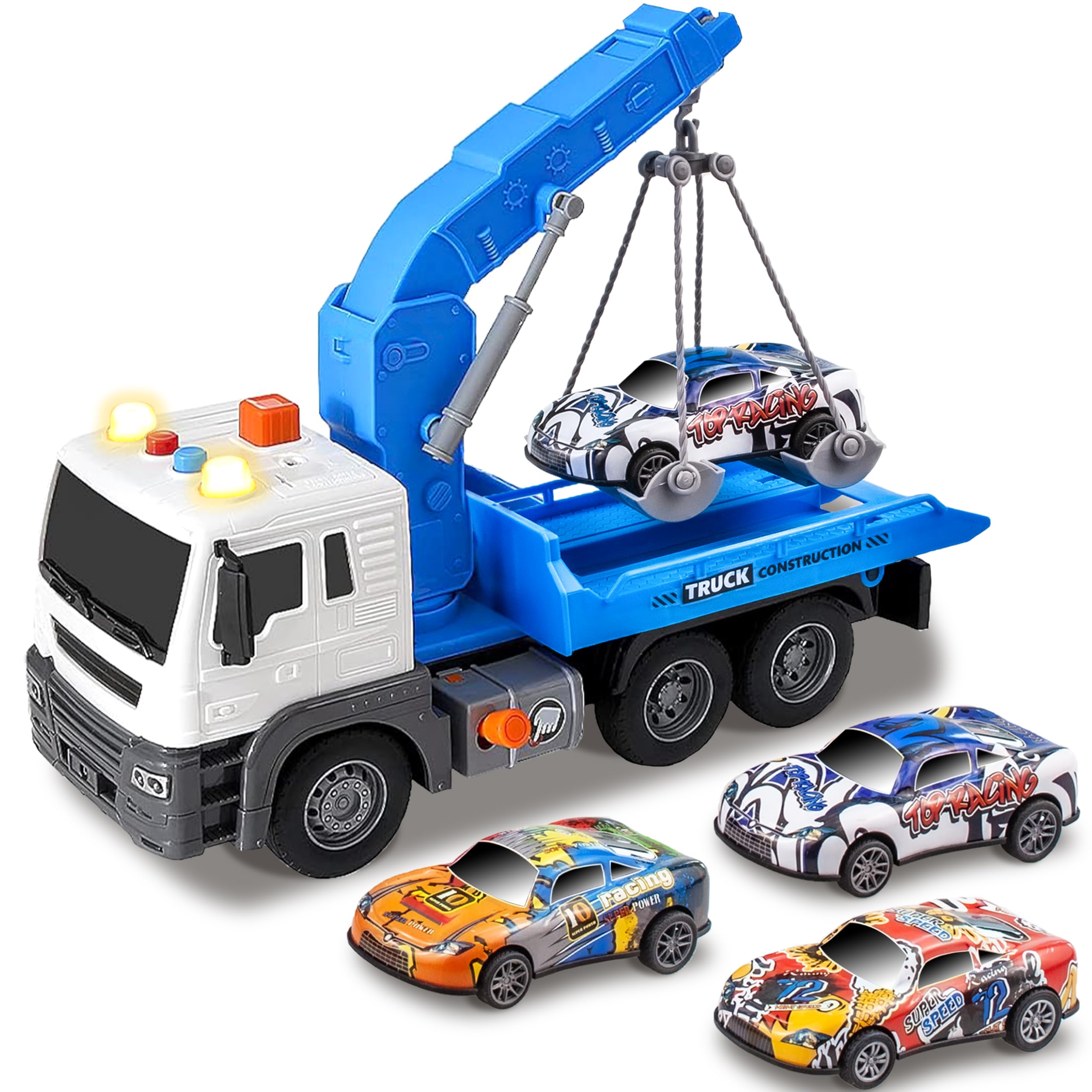 i diy Tow Truck Toy with Hook and 3pcs Pull-Back Race Car,Friction Powered Toy Tow Truck,Tow Truck with Light&Sounds, Toy Trucks for Boys Age 4-7,Construction Toy Truck