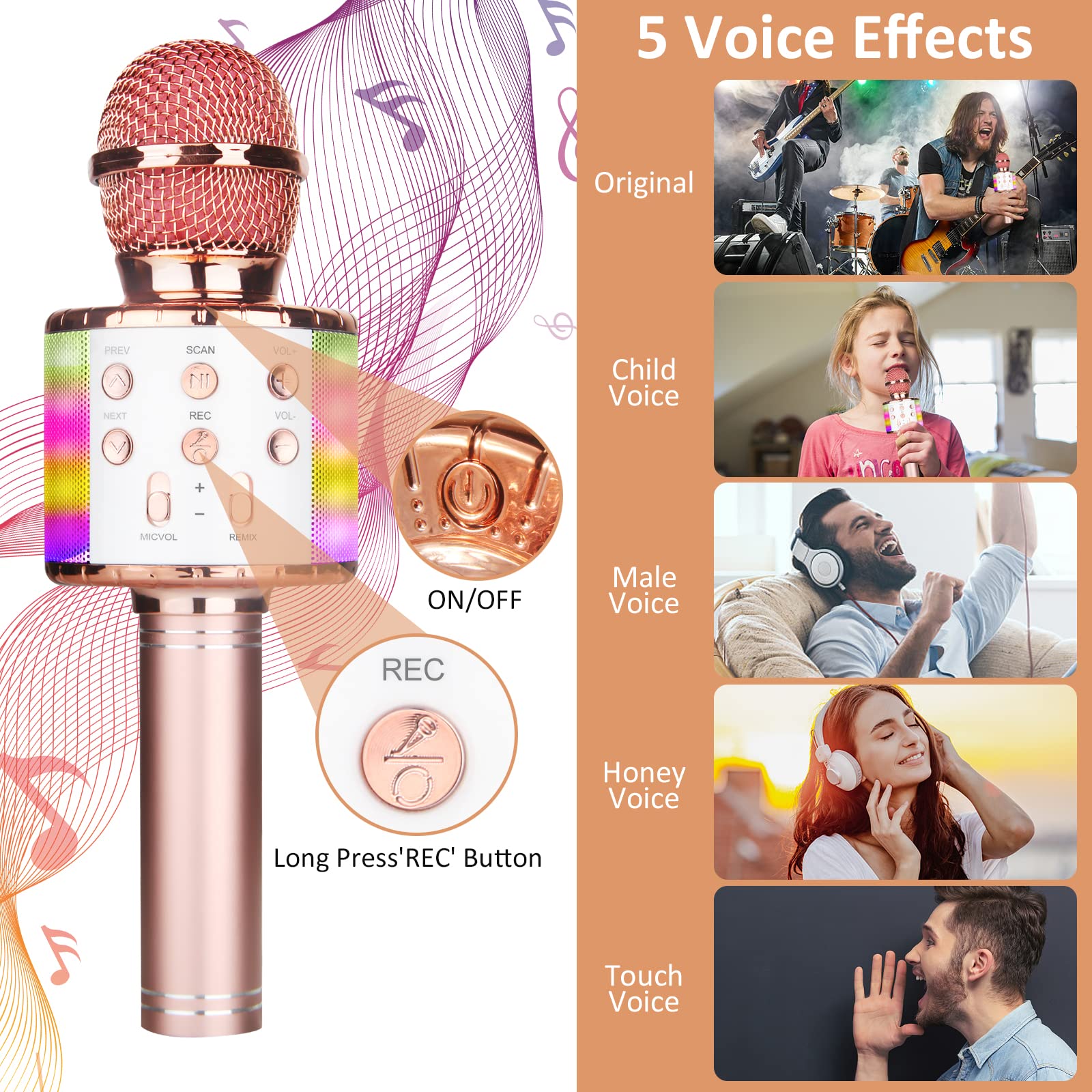 Karaoke Microphone for Kids, Bluetooth Karaoke Microphone Handheld Wireless Karaoke Machine with LED Lights, Portable Kids Microphone Birthday for Girls Boys