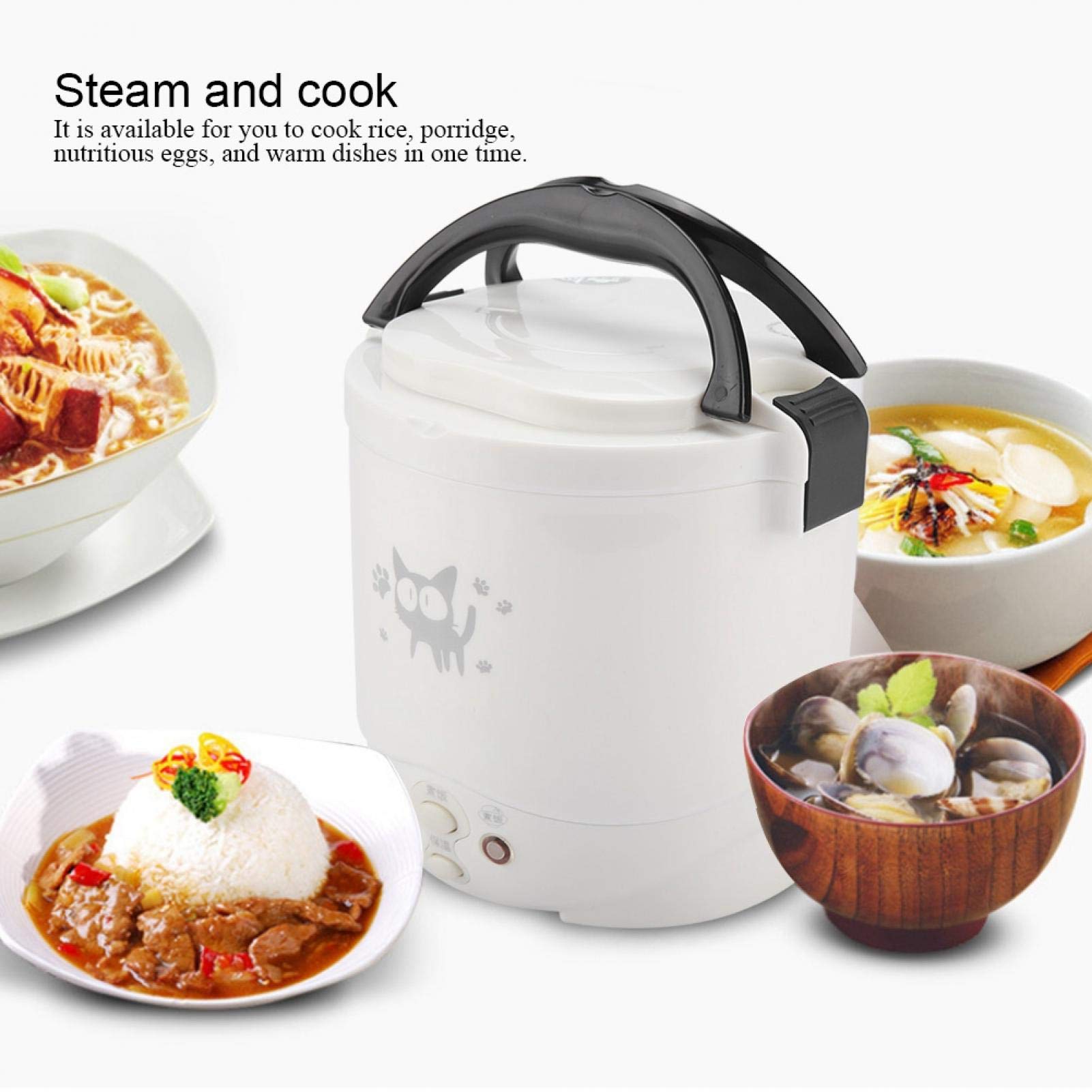Mini Rice Cooker, Portable Travel Steamer Small Multi Cooker Rice Maker for Grains Non stick Pot Auto Keep Warm for Cooking Oatmeal Soup Rice Stews (White)