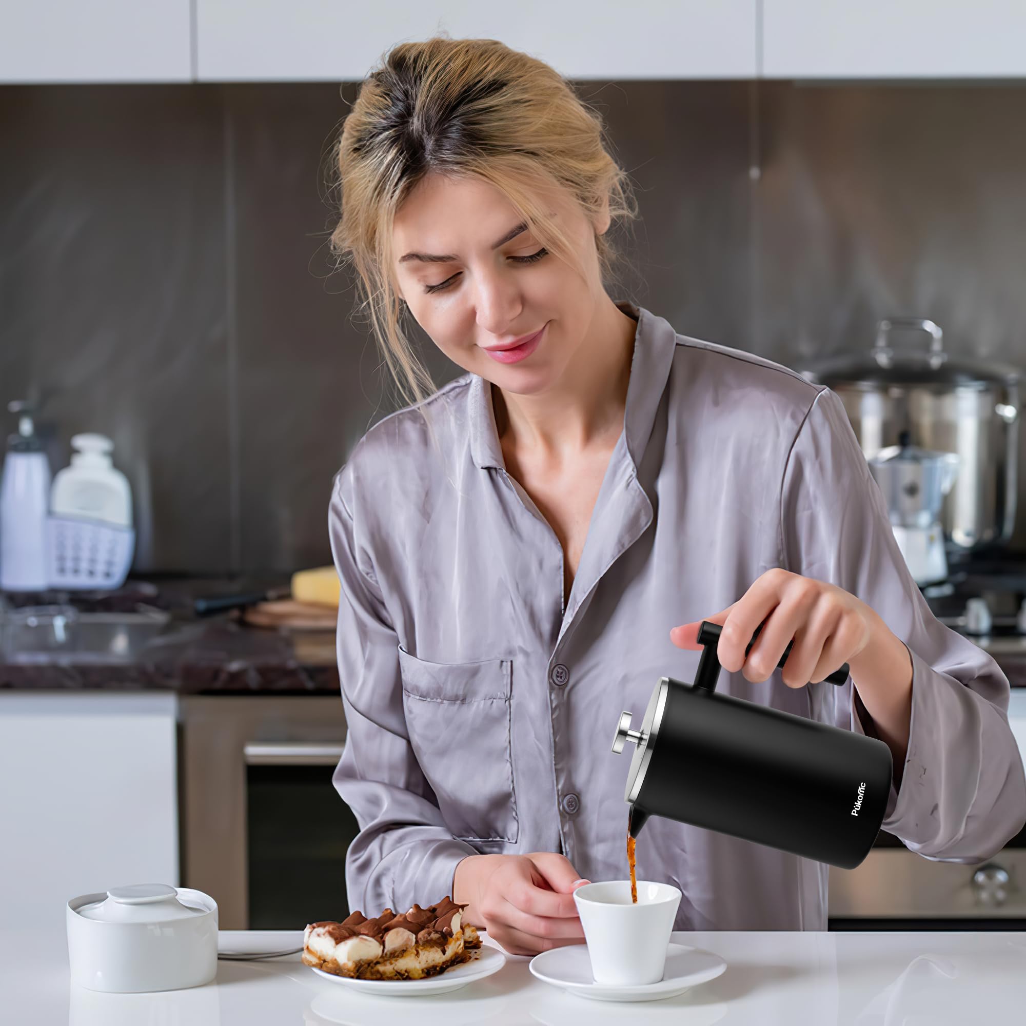 Pukomc French Press Coffee Maker, 34oz (1 Litre) Coffee Press with Double Wall Vacuum Insulated & 304 Grade Stainless Steel,Black