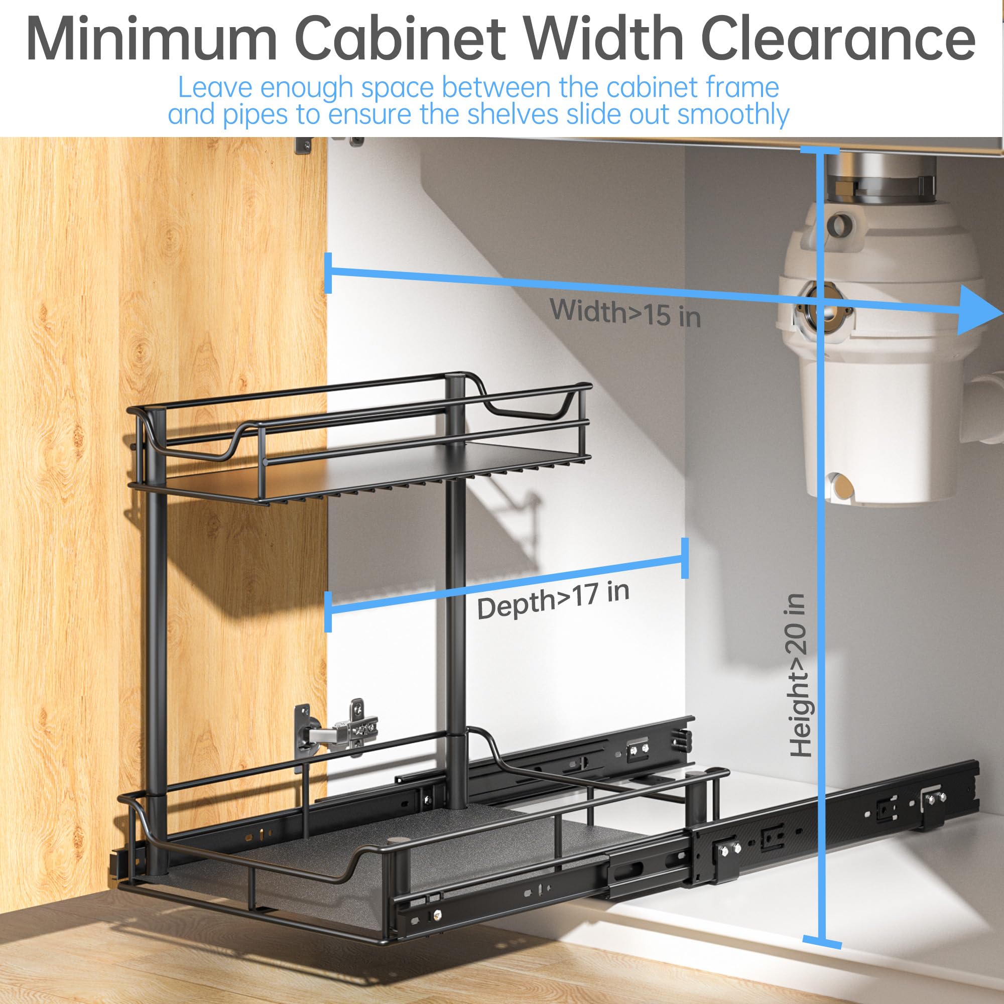 LAMU Larger Under Kitchen Sink Organizers and Storage, Metal Under Sink Organizer Bathroom Cabinet, Undersink Organizers Kitchen, Under Sink Storage and Organization, 13.1W x 16.7D x 15.6H inches
