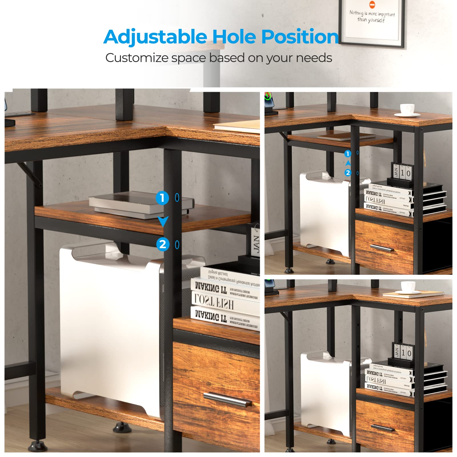 GreenForest L Shaped Desk with Drawers and Power Outlet, 51 inch Home Office Computer Desk with Monitor and Printer Stand, 4 Tier Storage Shelves and Hooks for Work and Study, Walnut