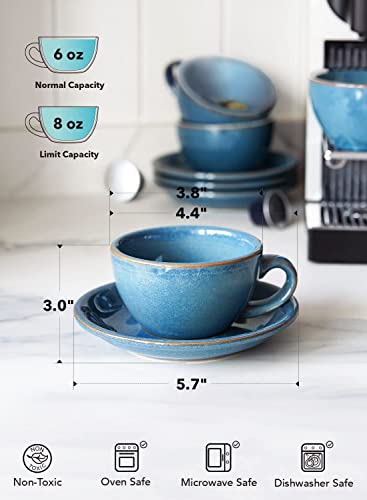 LE TAUCI 6 oz Cappuccino Cups with Saucers,Ceramic Coffee Cup for Au Lait, Double shot, Latte, Cafe Mocha, Tea - Set of 4, Ceylon Blue