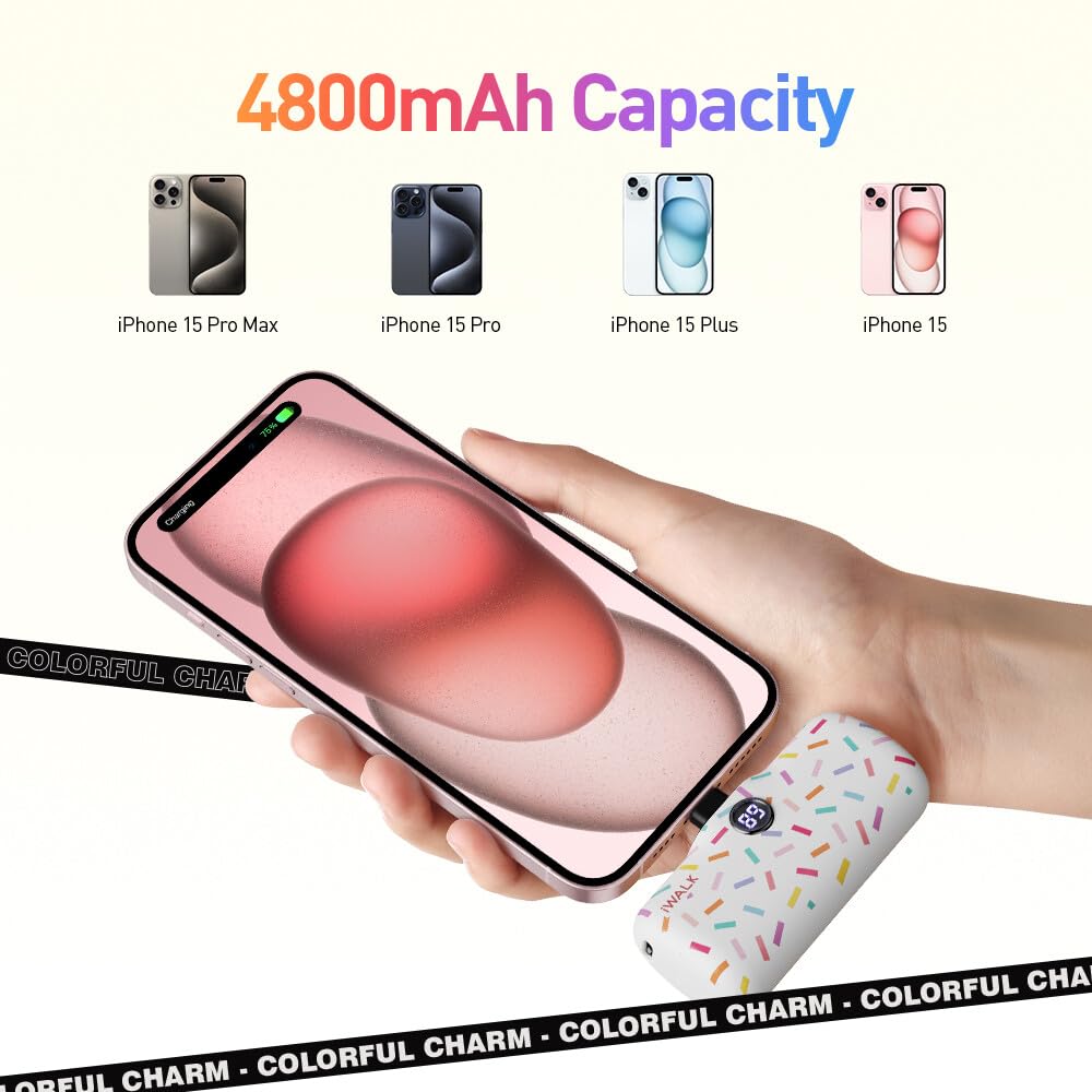iWALK USB-C Portable Charger with Colorful Pattern, 20W PD Fast Charging 4800mAh Small Power Bank with LED Display, Compatible with iPhone 15/15 Plus/15 Pro/15 Pro Max, iPad, Airpods, White
