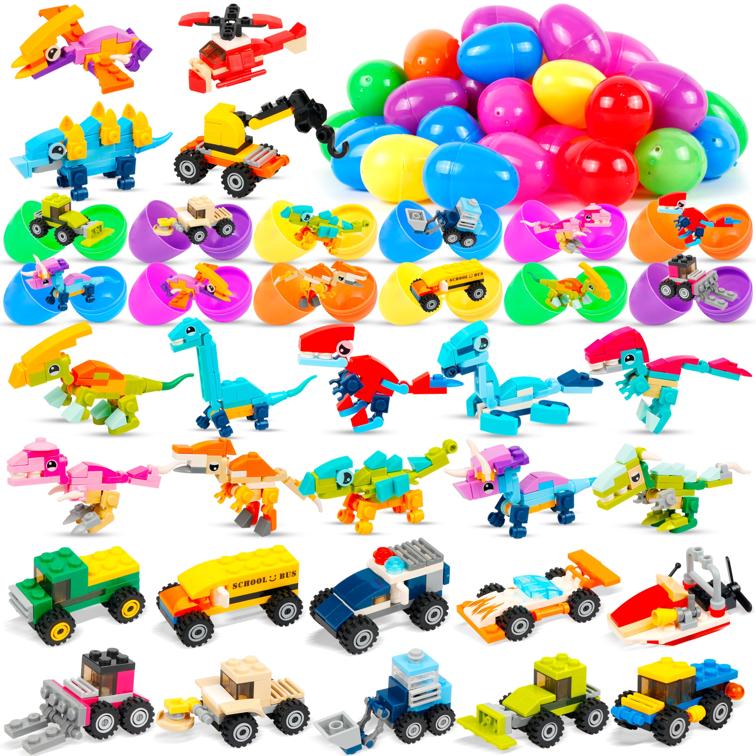 OCTERIC 24 Easter Eggs Hunt Prefilled with Jungle Animals Dinosaurs & Vehicles Building Blocks, Eggs for Easter Party Favors Fillers, Easter Basket Stuffers, Easter Eggs Hunt, Classroom Prize Supplie