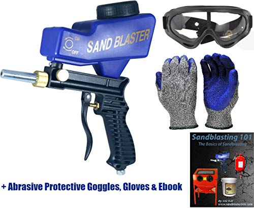 Portable Sandblaster Gun & Soda Blaster: Handheld, Gravity-Feed Abrasive Blaster with Gloves, Goggles, Nozzle (Super-Funneling Technology)