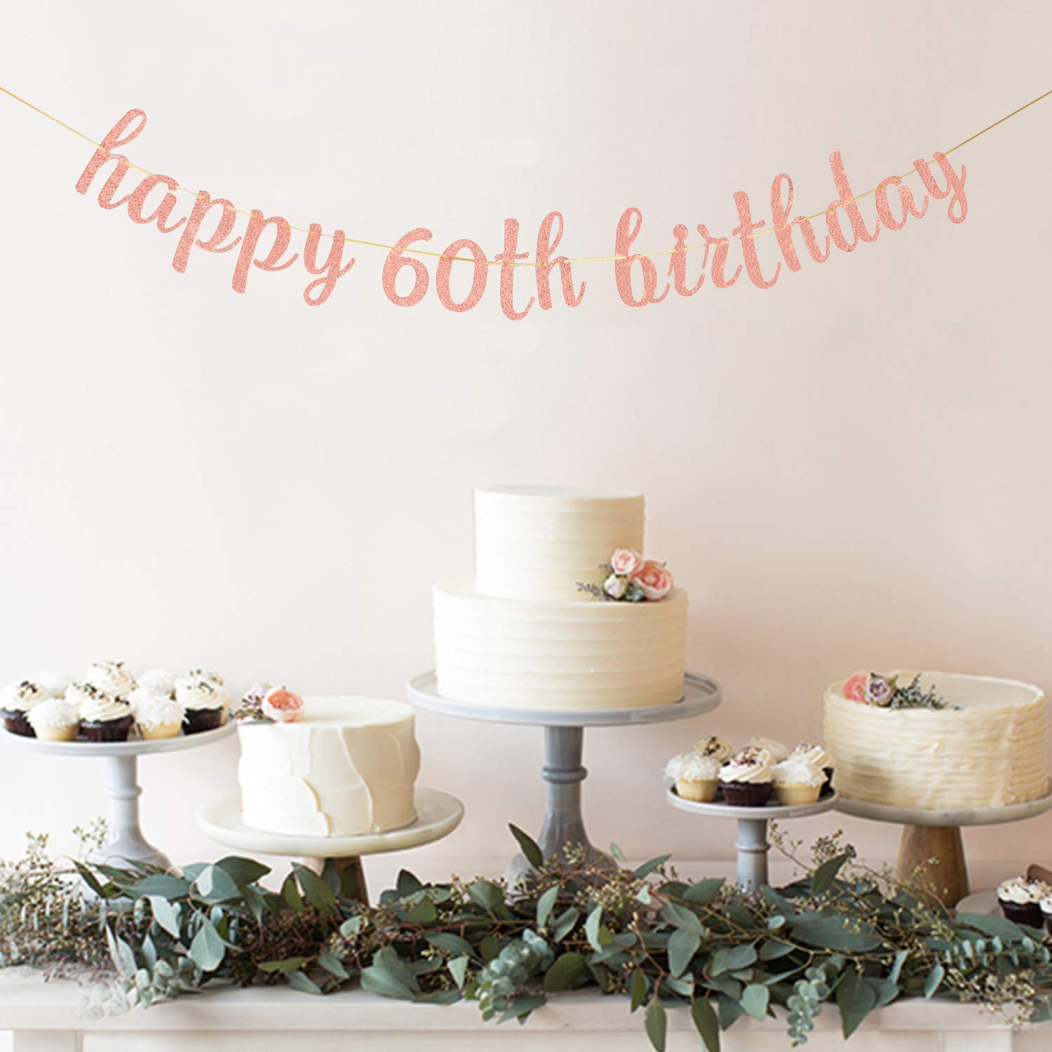 INNORU Glitter Happy 60th Birthday Banner - 60 Bitches Sign Banner - Cheers to 60 Years Birthday Party Bunting Decorations Rose Gold