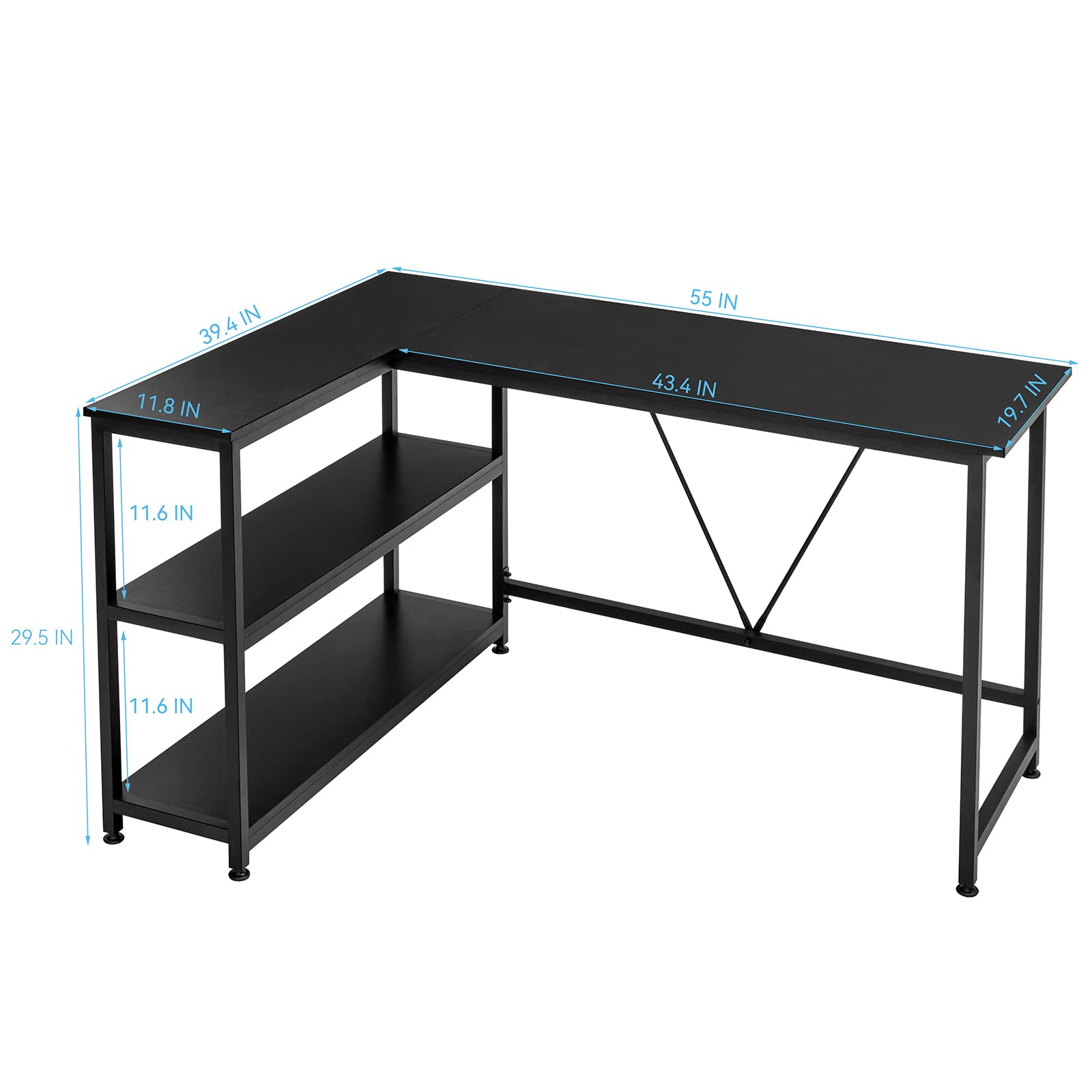 GreenForest Large L Shaped Gaming Desk 55x39.4 inch Reversible Corner Computer Desk with Storage Shelves for Home Office PC Workstation Laptop Table, Black