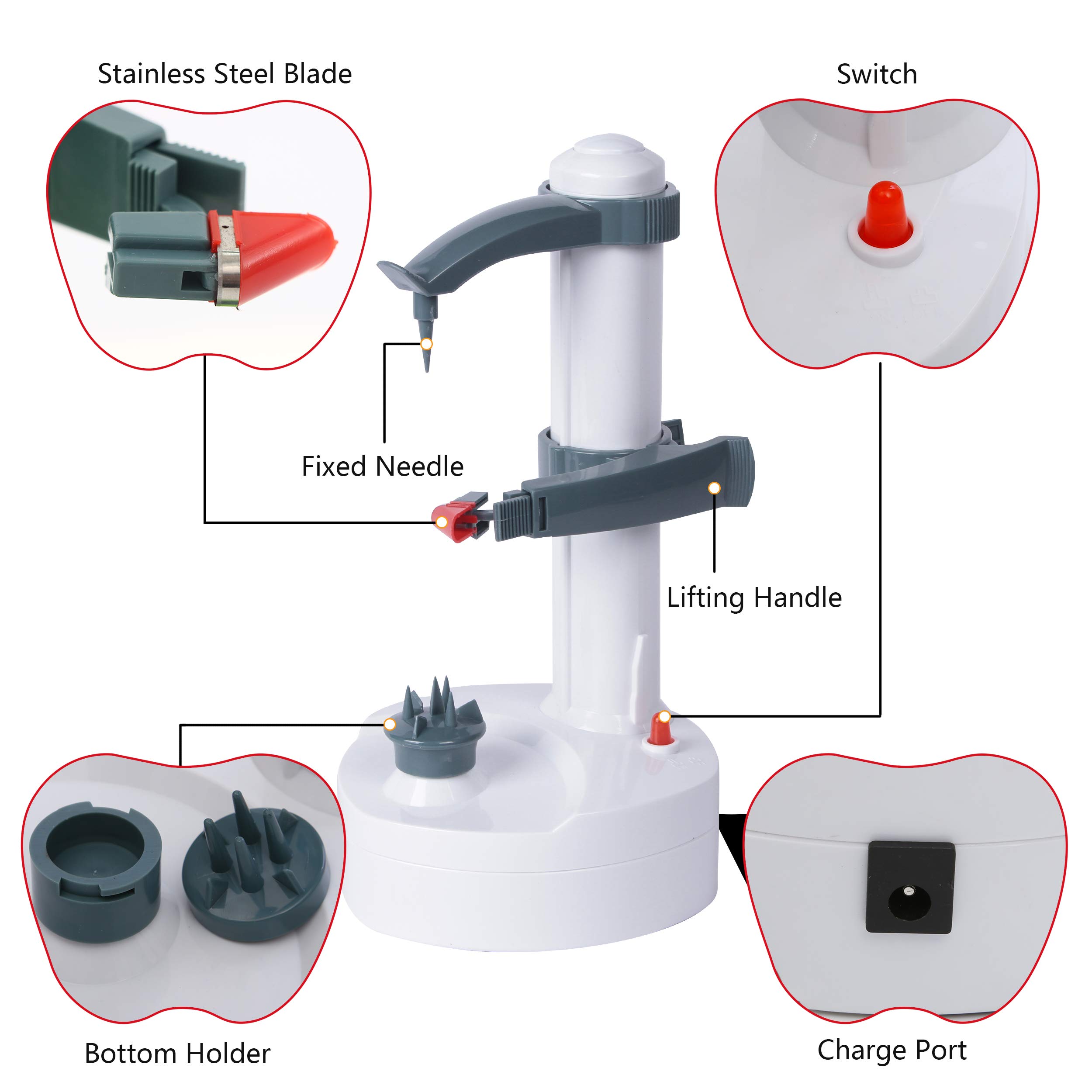 HOTIME Electric Potato Peelers-Electric Apple Peeler Automatic Rotating Fruits Peeler Vegetables Paring Machine Kitchen Peeling Tool for Apple-White
