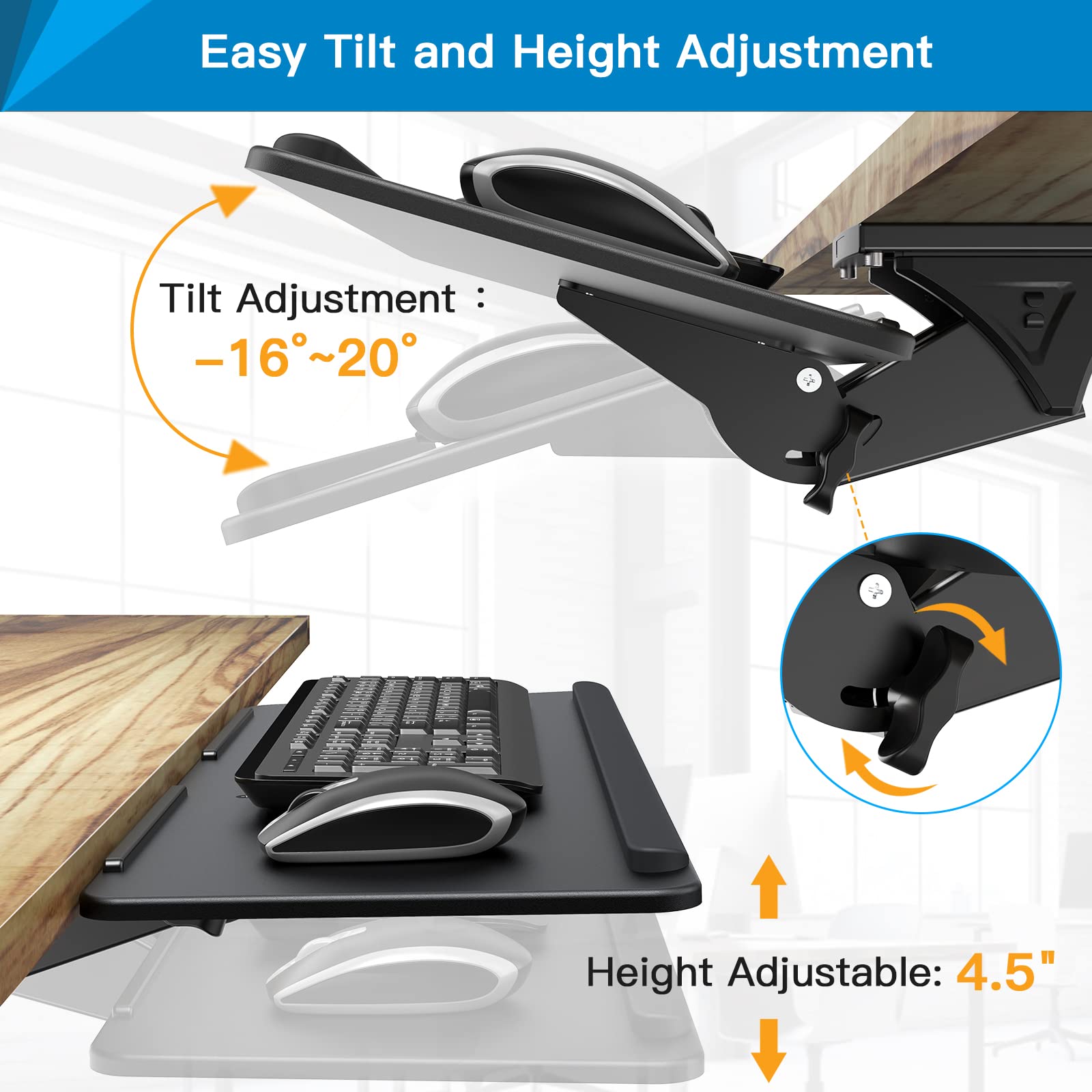 HUANUO Adjustable Keyboard Tray - Ergonomic Under Desk Computer Keyboard & Mouse Platform Tray, 26โ x 9.6โ,Black
