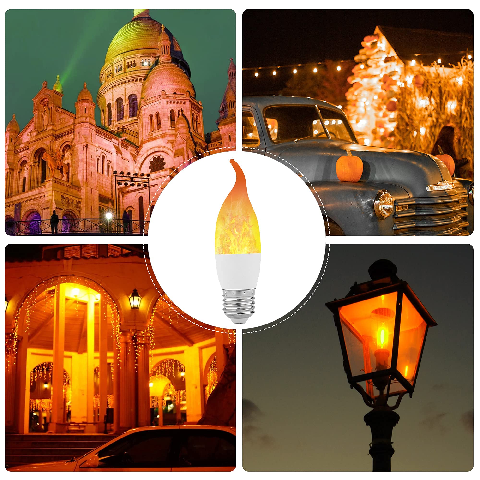 Kitmose 6 Pack LED Flame Effect Light Bulbs,3 Modes LED Candelabra Flickering Flame Light Bulb E26/E27,5W Candle Flame Tip Chandelier fire Light Bulb for Halloween Christmas Party Decor