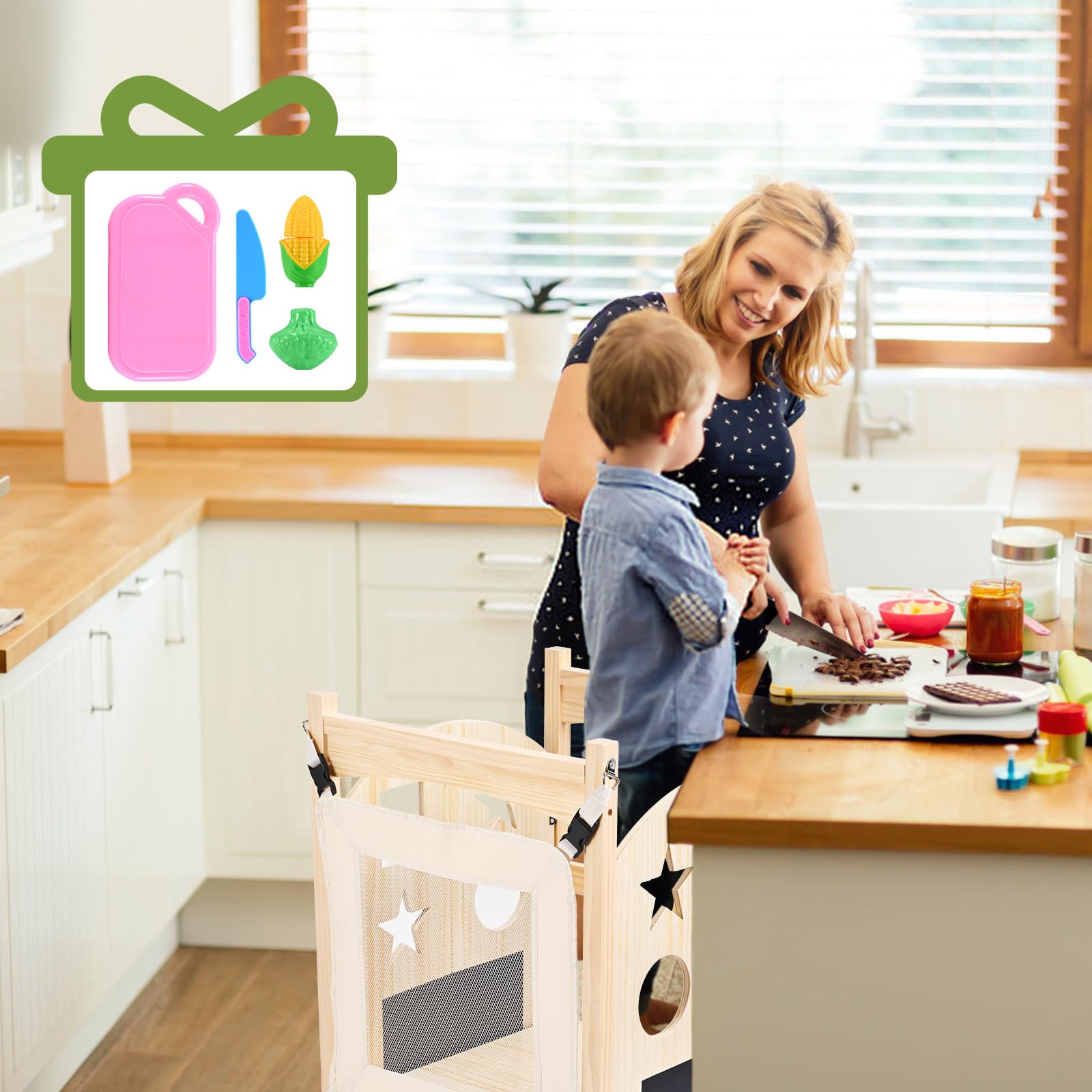 Ixdregan Toddler Kitchen Step Stool for Toddlers - Toddler Stool with Cute Cartoon Design, 3 Height Adjustable Toddler Stool for Kids 18M+, Safe Toddler Stepping Stool Supports 130LB-Natural Wood