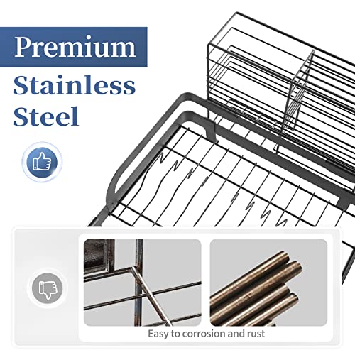Kitsure Dish Drying Rack, Rustproof Dish Rack with Large Capacity for Dishes, Pans, Glasses & Cutlery, Foldable & Compact Dish Drainer with Easy Installation & Adjustable Water Outlet
