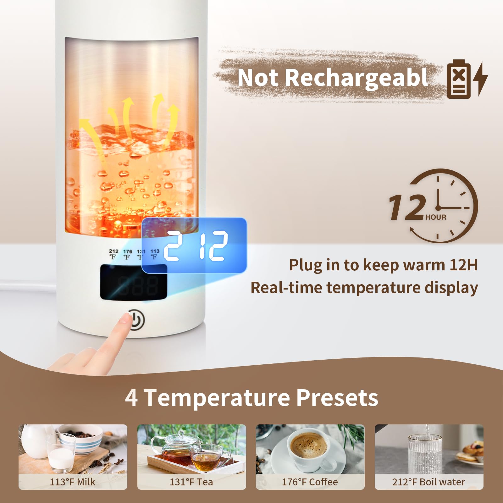 Portable Bottle Warmer for Travel, 17 Oz Milk Warmer, 4 Temperature Control & Auto Shut-Off, Fast Boil Hot Water Warmer, Perfect for Travel&Hotel Use,Electric Kettle with Handy(White,Non-Rechargeable)