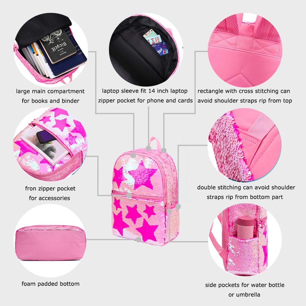 Le Vasty Sequin School Backpack for Girls Boys Kids Cute Kindergarten Elementary Book Bag Bookbag Glitter Sparkly Back Pack One_Size