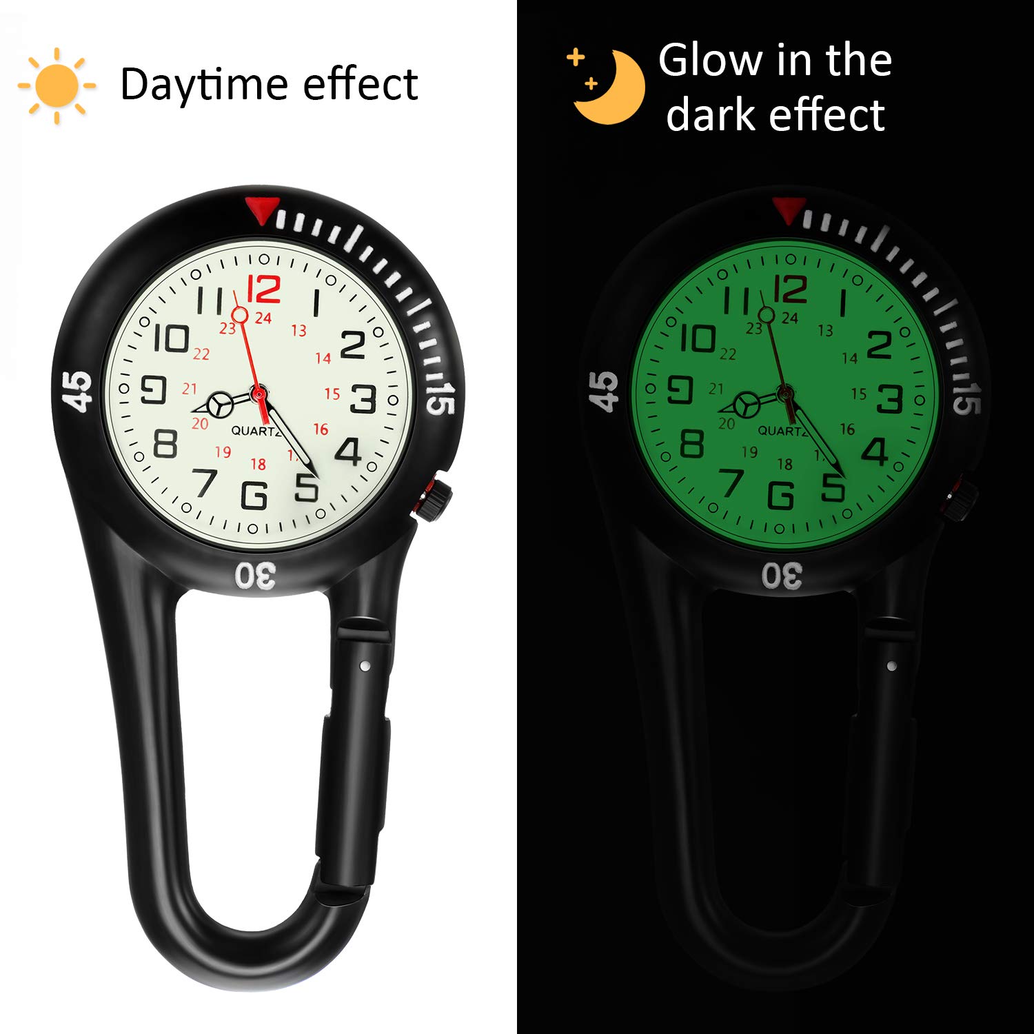 Hicarer 2 Pieces Clip on Quartz Watch Backpack Fob Belt Watch Glow in The Dark Unisex Pocket Watch with White Dial for Doctors Nurses Outdoor Activities (Black)