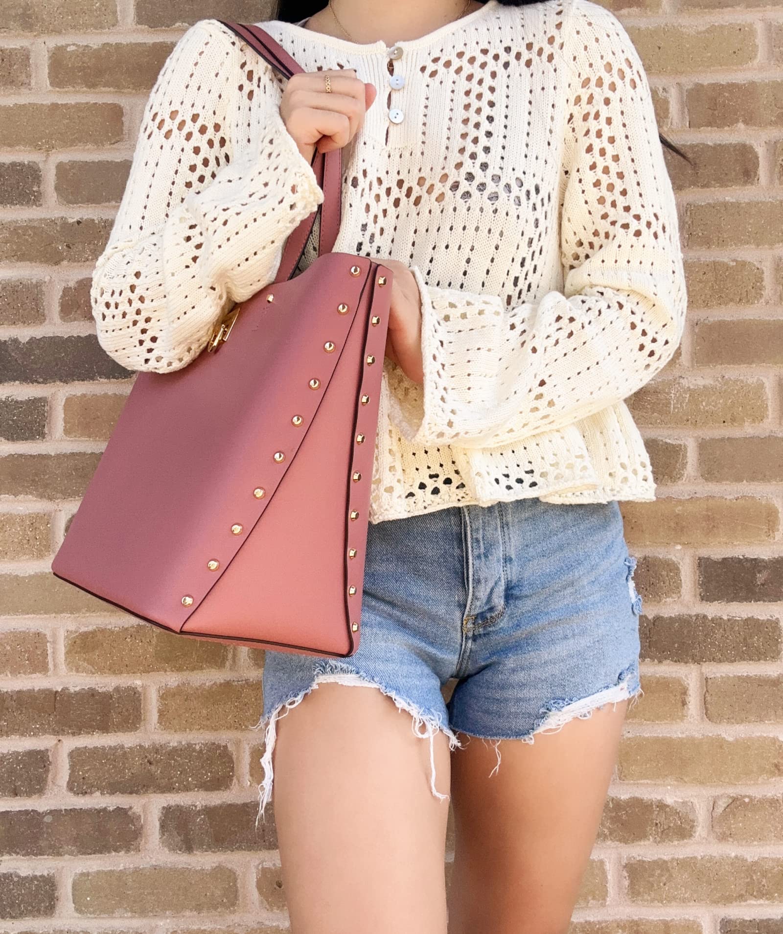Michael Kors Manhattan Large Leather Tote Studded Bag Rose Pink Leather