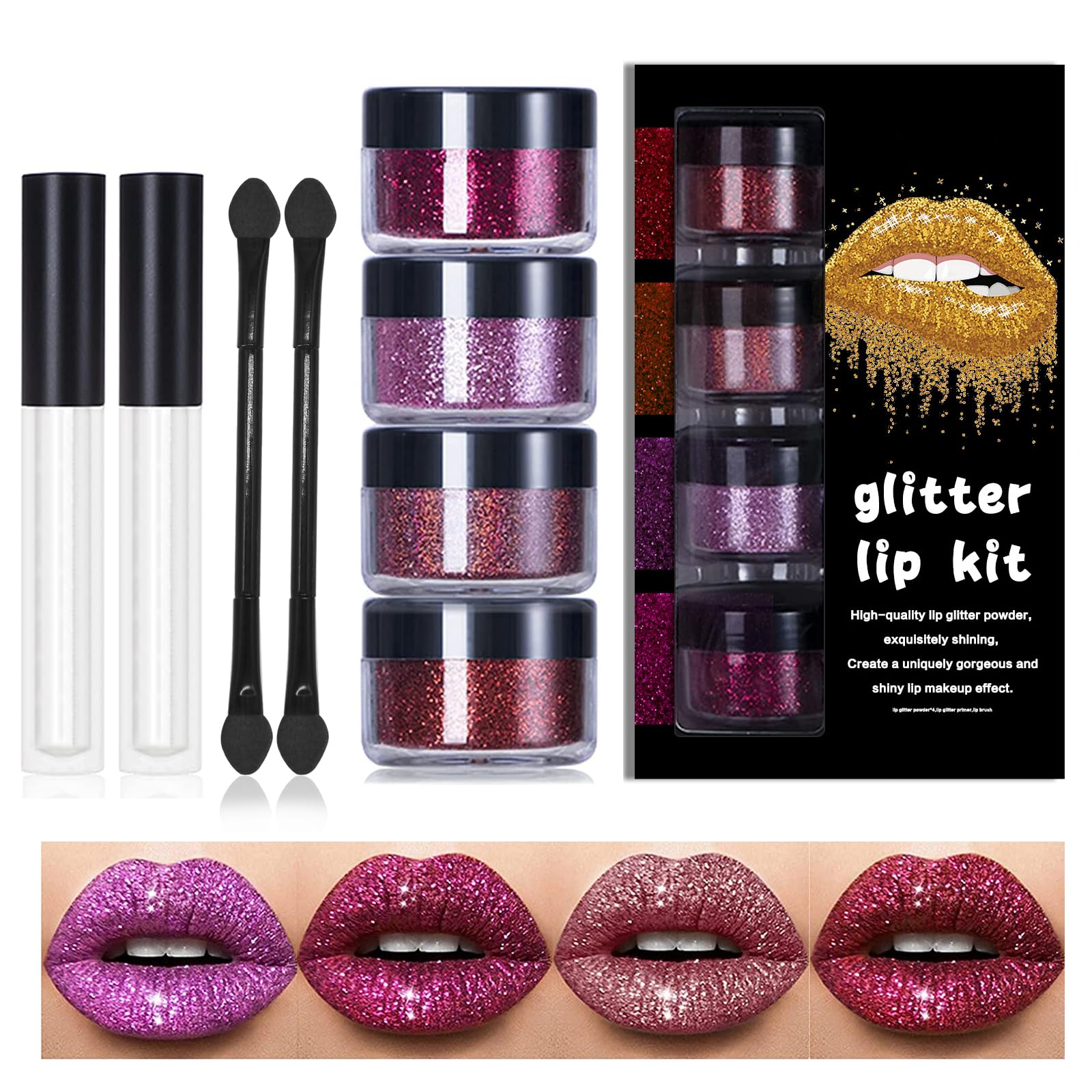 IYARKAI Glitter Lip Kit, 4 Colors Glitter Lip Kit Gloss, Metallic Shimmer Glitter Powder, With Lip Primer and Brush for Making Metallic Glitter for Lips and Nails