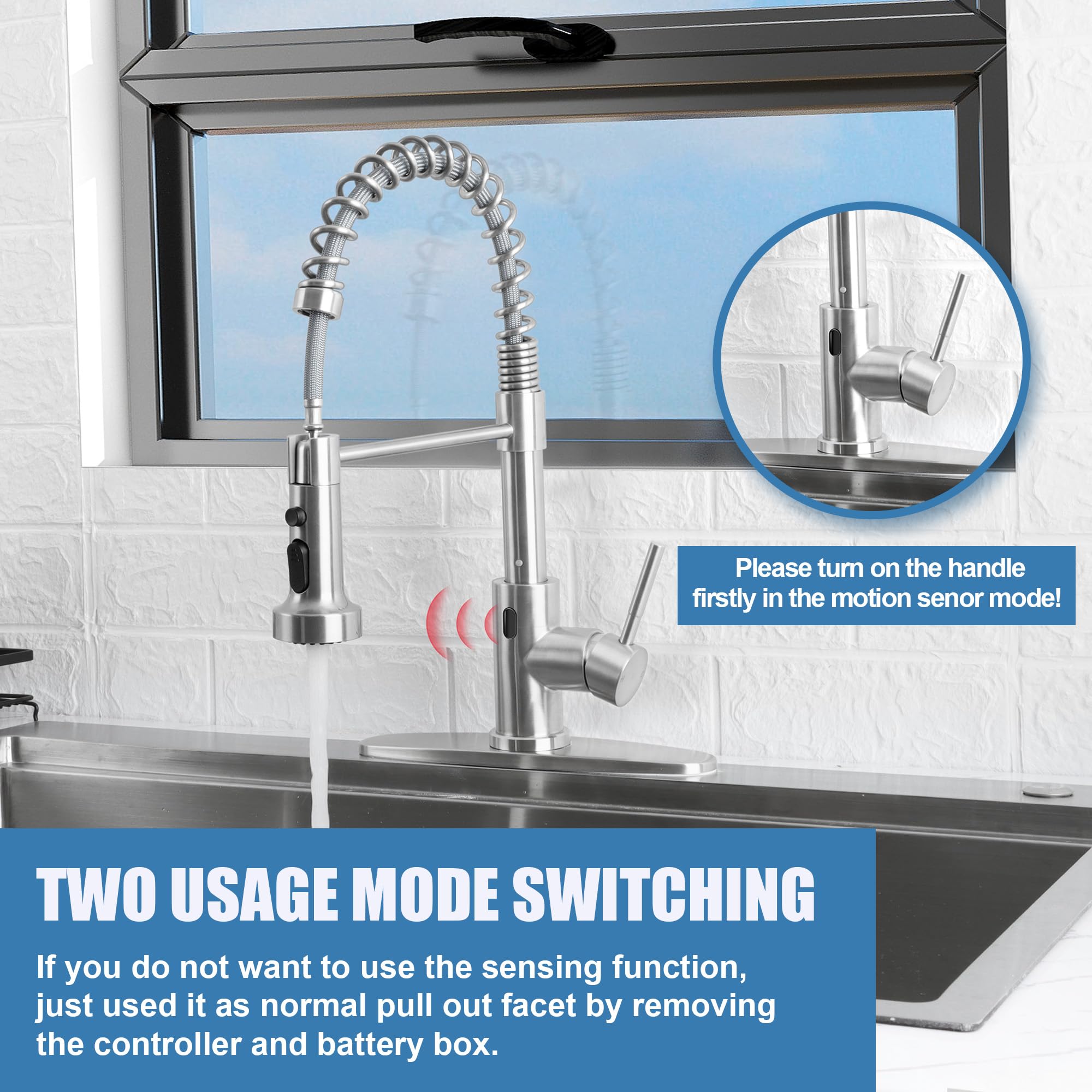 Homikit Touchless Kitchen Sink Faucet with Pull Down Sprayer, Automatic Motion Sensor Smart Faucet, Brushed Nickel Single Handle Spring Kitchen Faucets for Vanity Farmhouse RV, Stainless Steel