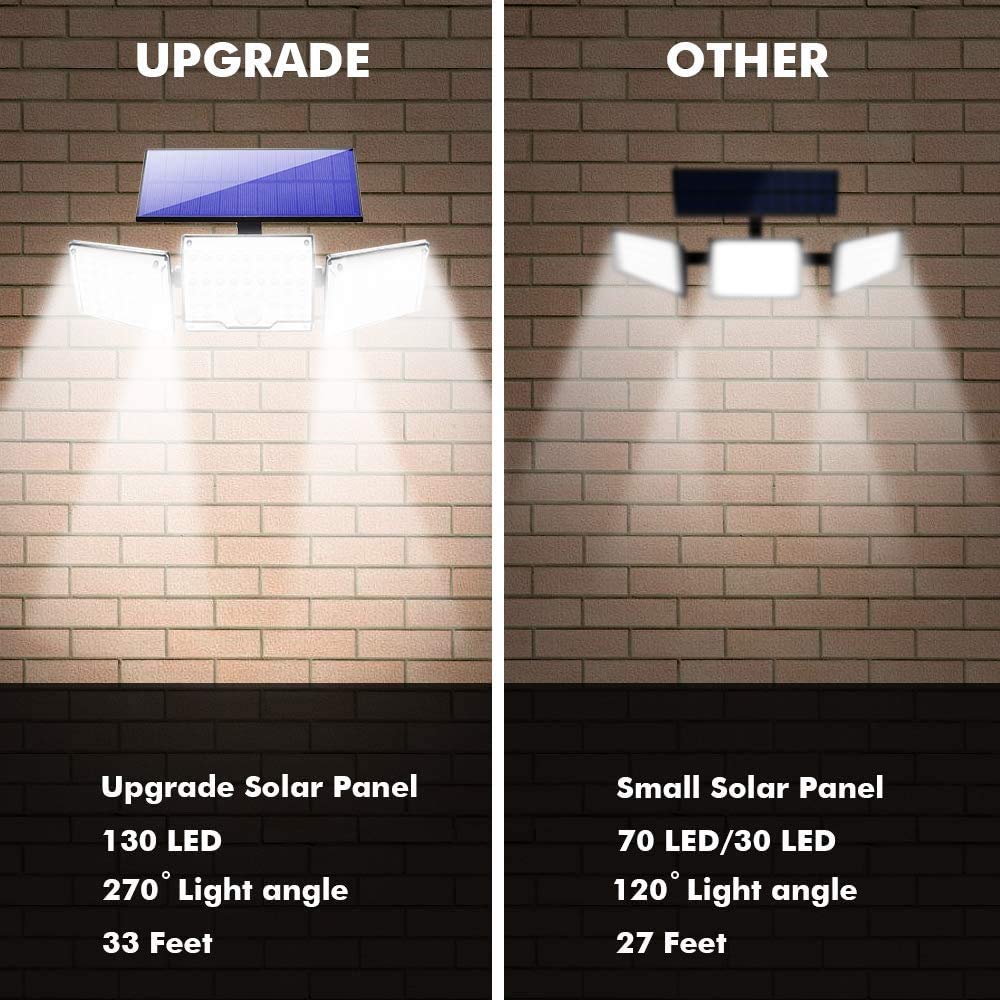 JosMega Upgraded Larger 130 LED Solar Powered Motion Sensor Flood Security Wall Lights Outdoor IP65 Waterproof 3 Head 360° Adjustable Spotlights for Porch Garden Patio Yard Garage Pathway 2 Pack