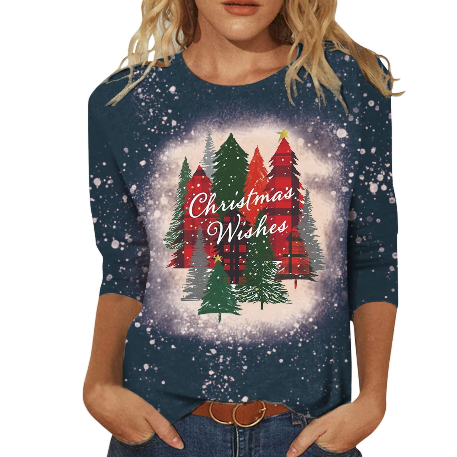 Pullovers For Women Graphic Cute Elk Pattern Blouse Oversized Long Sleeve Tees Lightweight T Shirt Hoodies Teen Clothes Navy