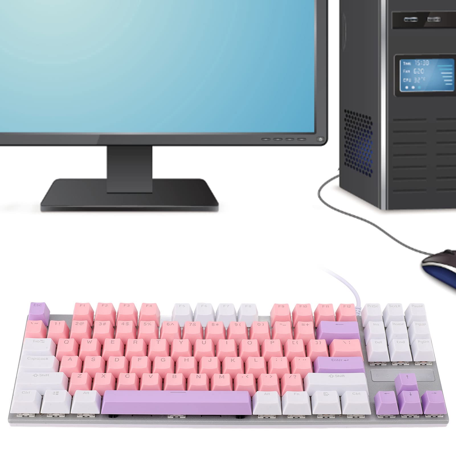 Septpenta Red Switch Mechanical Keyboard, 26 RGB Lighting Effects, Conflict Free Design, Splash Proof Drainage Holes, 87 Key Ergonomic Gaming Keyboard(Pink, White and Purple)