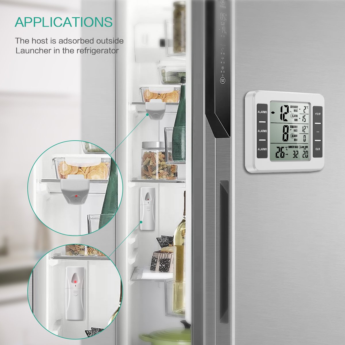 JXTZ Refrigerator Thermometer, Freezer Thermometer with Alarm, Fridge Thermometer Digital with 2 Sensors, Wireless Indoor Outdoor Thermometer with Temperature Alarm, Min/Max, Temperature Trend Display