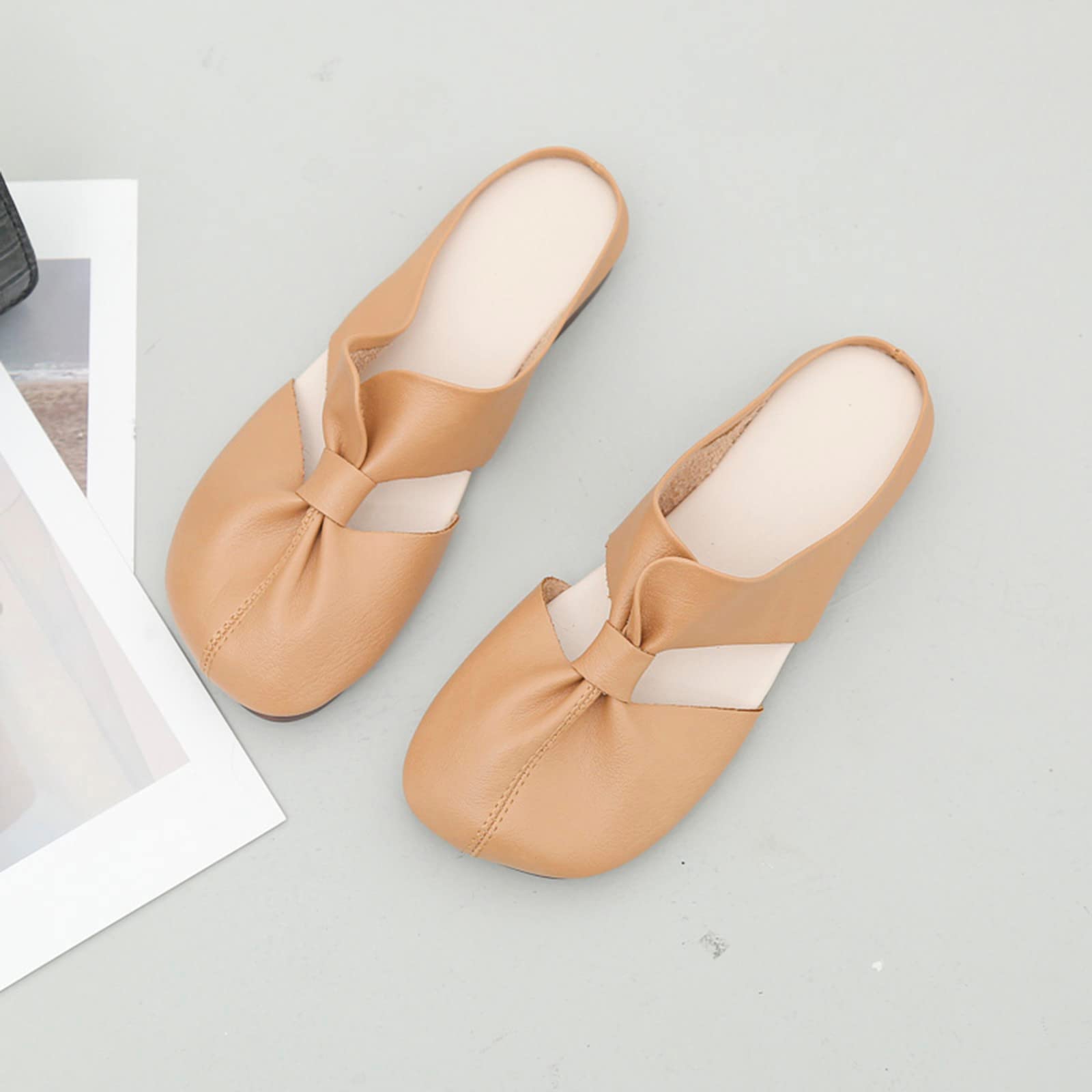 Ladies Fashion Leather Surface Solid Color Half Slippers Soft Sole Flat Casual Shoes Comfort Casual Shoes Men Khaki