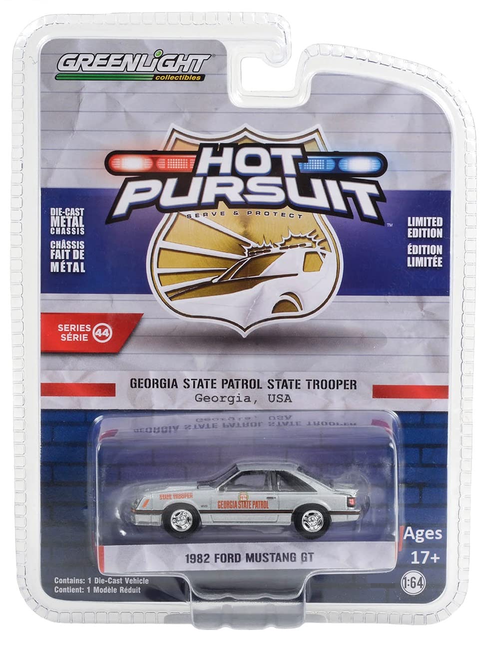 Greenlight 43020-A Hot Pursuit Series 44-1982 Fox Body Mustang GT - Georgia State Patrol State Trooper Test Car 1:64 Scale Diecast