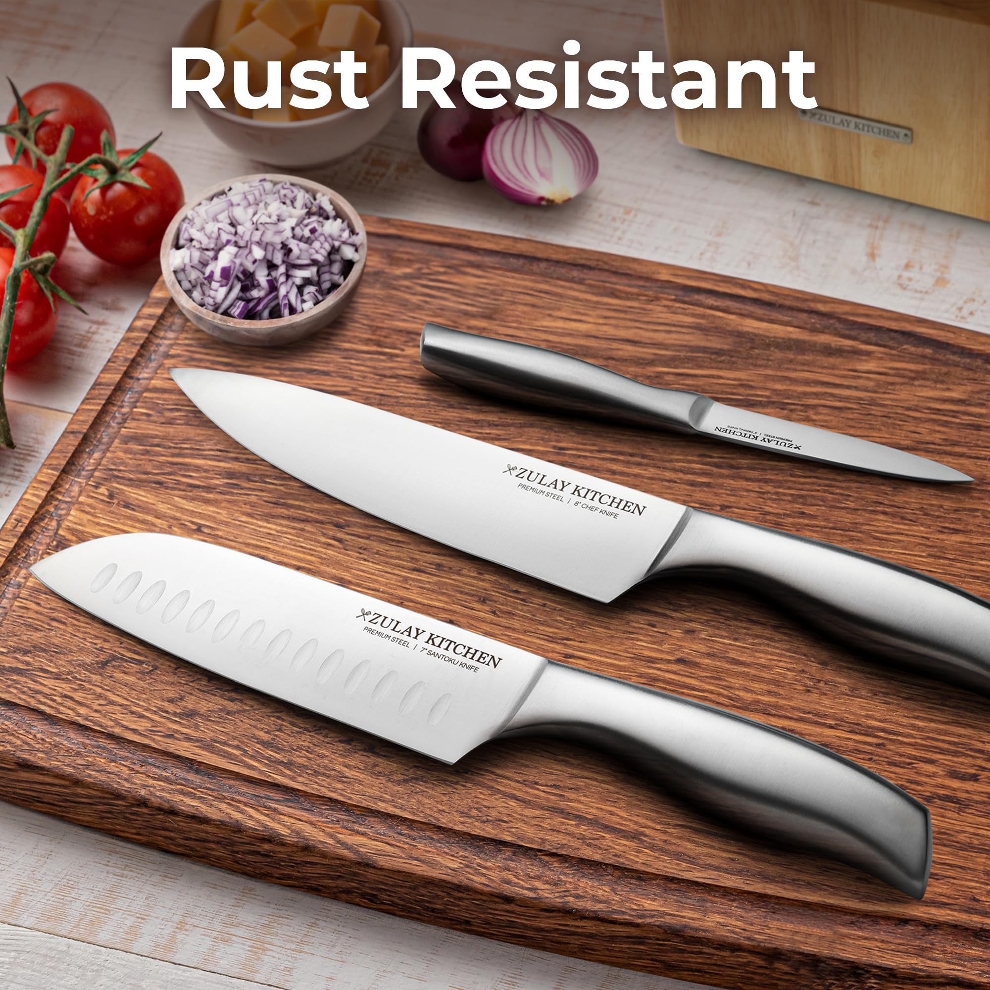 Zulay 15 Piece Stainless Steel Knife Set with Block and Sharpener - Sharp Knife Block Set with Built In Sharpener - Kitchen Knife Set With Block - Rust Proof Knife Set Stainless Steel