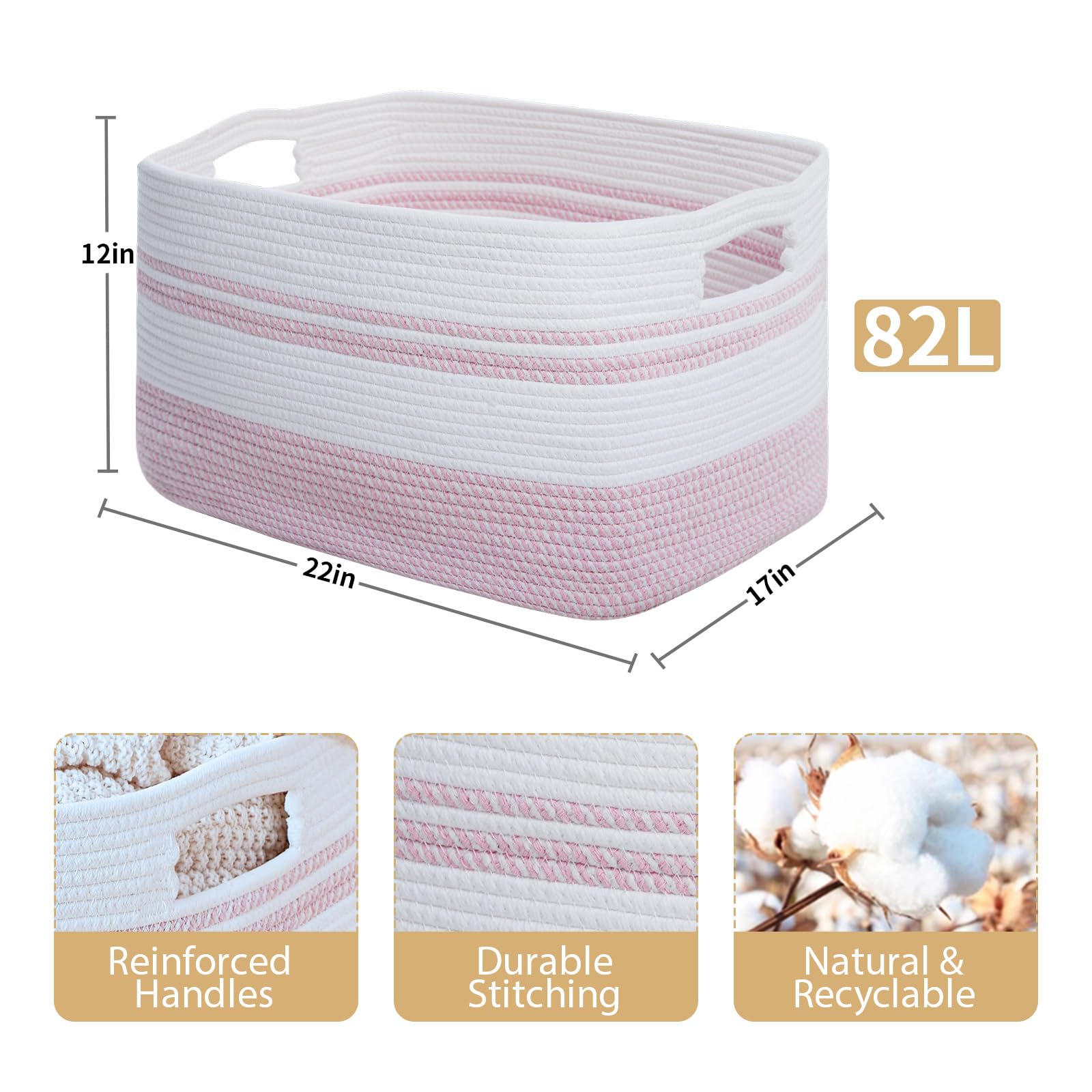R RUNKA Large Rectangular Cotton Rope Storage Basket - 82L- Ideal for Toy Storage, Blankets, Laundry, Woven Organizer for Living Room, Bedroom - 22"x17"x12"(White & Pink)
