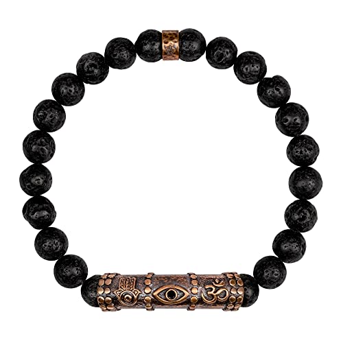 KARMA AND LUCK - Enduring Strength - Triple Protection Genuine Lava Stone 925 Sterling Silver - Black Gold Plated Bracelet for Men. Ready Gift for Him. Stretch: 7.5" stretch.