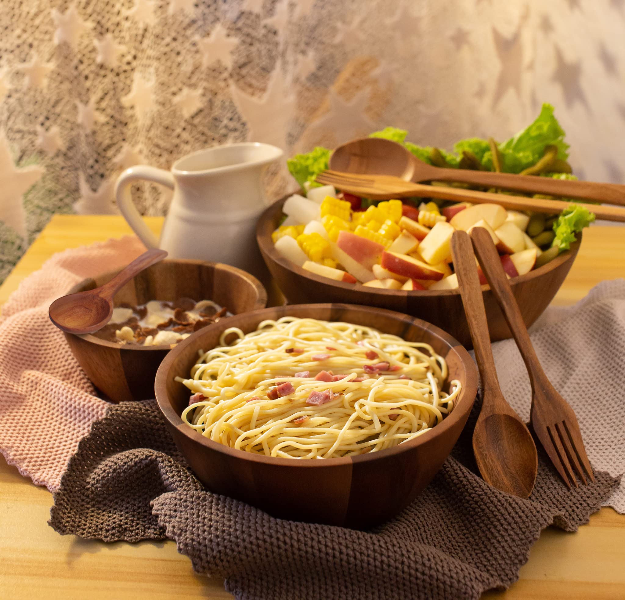 Large Acacia Wood Nesting Round Set 3 Serving Bowls 9½” 8½” 7” with Utensils Wooden Forks and Spoons Mix size Stackable Dish for Fruit Salad Vegetables Pasta Soup Cereals Decorative Wooden Nest Bowl