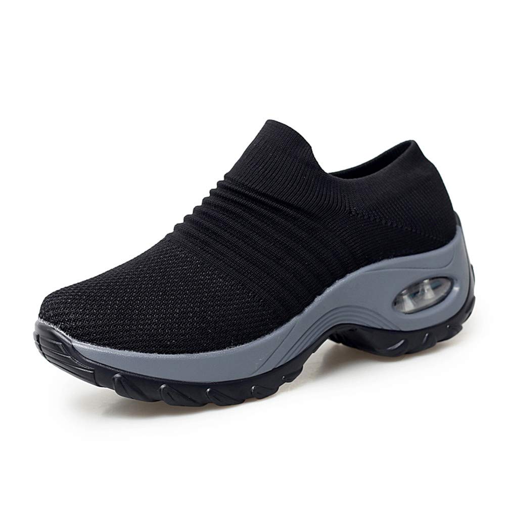 LEADER SHOW Women's Slip-On Walking Shoes Comfortable Loafers Casual Non-Slip Nursing Shoes Fashion Platform Sneakers (7, Black)