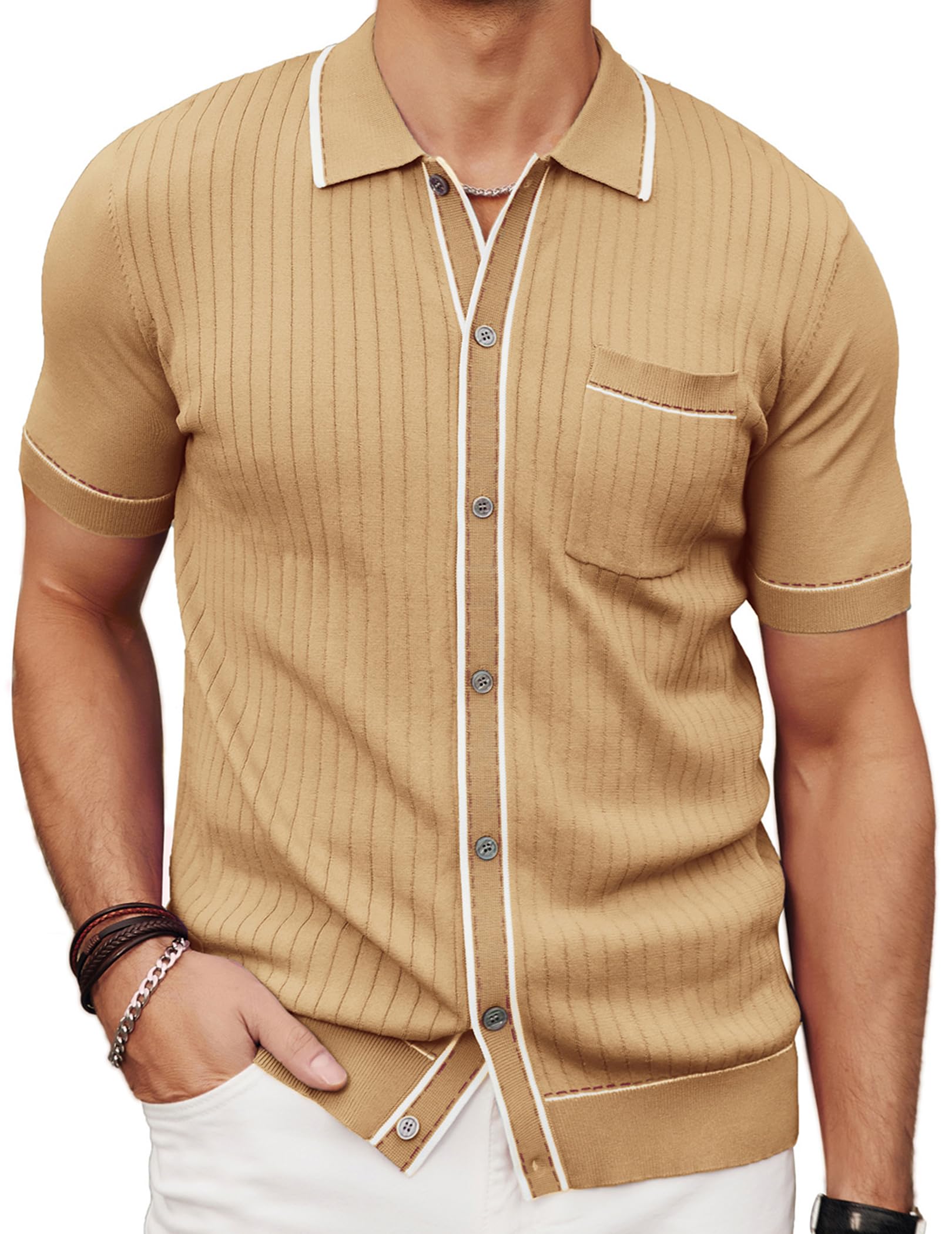 Mens Vintage Polo Shirts Casual Knit Short Sleeve Golf Polos Chocolate L…