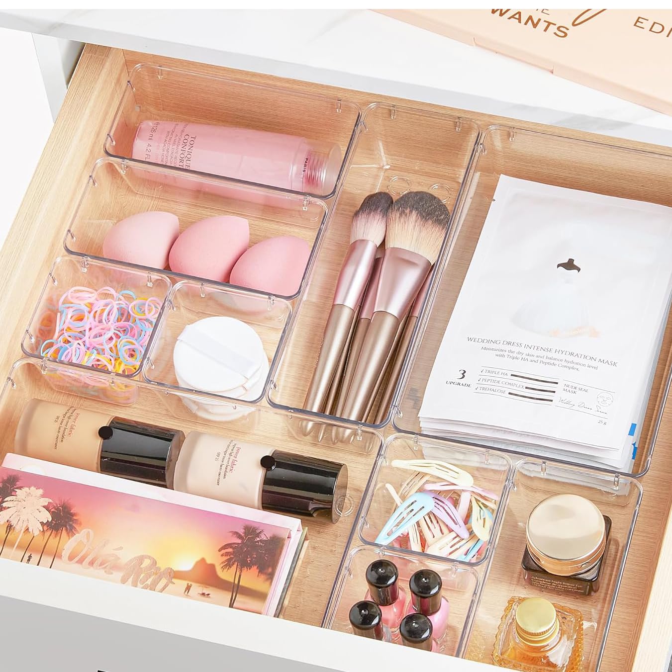 SNOW COOLER 28 PCS Clear Plastic Drawer Organizers Set, Versatile Bathroom and Vanity Drawer Organizer Trays, Storage Bins for Makeup, Bedroom, Kitchen Gadgets Utensils and Office