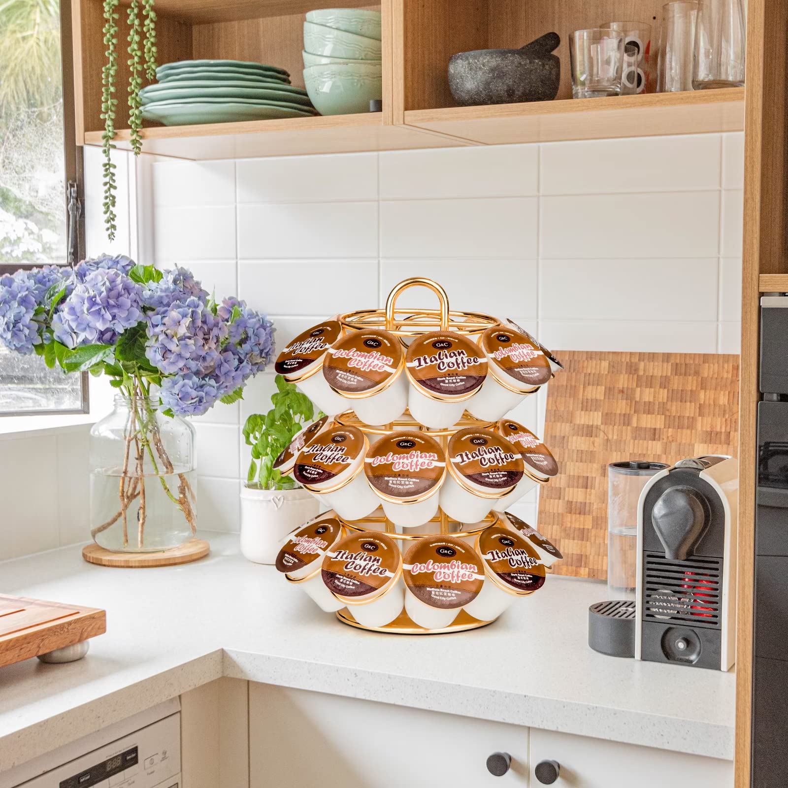 KREWEY Coffee Pod Holder, K Cup Holders,Coffee Pod Storage Compatible with K Cups (27 Pods), Spins 360-Degrees Coffee Pod Carousel Holder Organizer, Modern Gold Design (Round,Shining Gold)