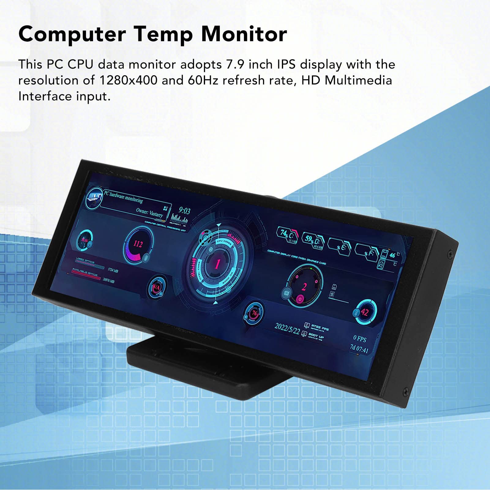 Rosvola PC CPU Data Monitor, Steplessly Dimmable 7.9 Inch IPS Customizable Computer CPU Monitor for Gaming