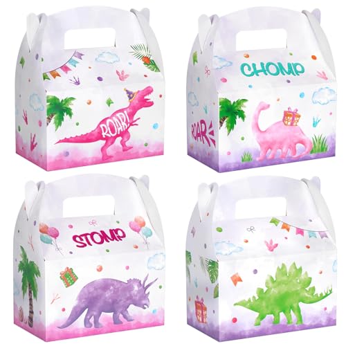 WERNNSAI 12 Pcs Watercolor Dinosaur Treat Boxes - Dinosaur Theme Candy Goodie Boxes Pink Party Favor Boxes Dino Theme Party Decorations for Girls Kids Birthday Jurassic Party Supplies