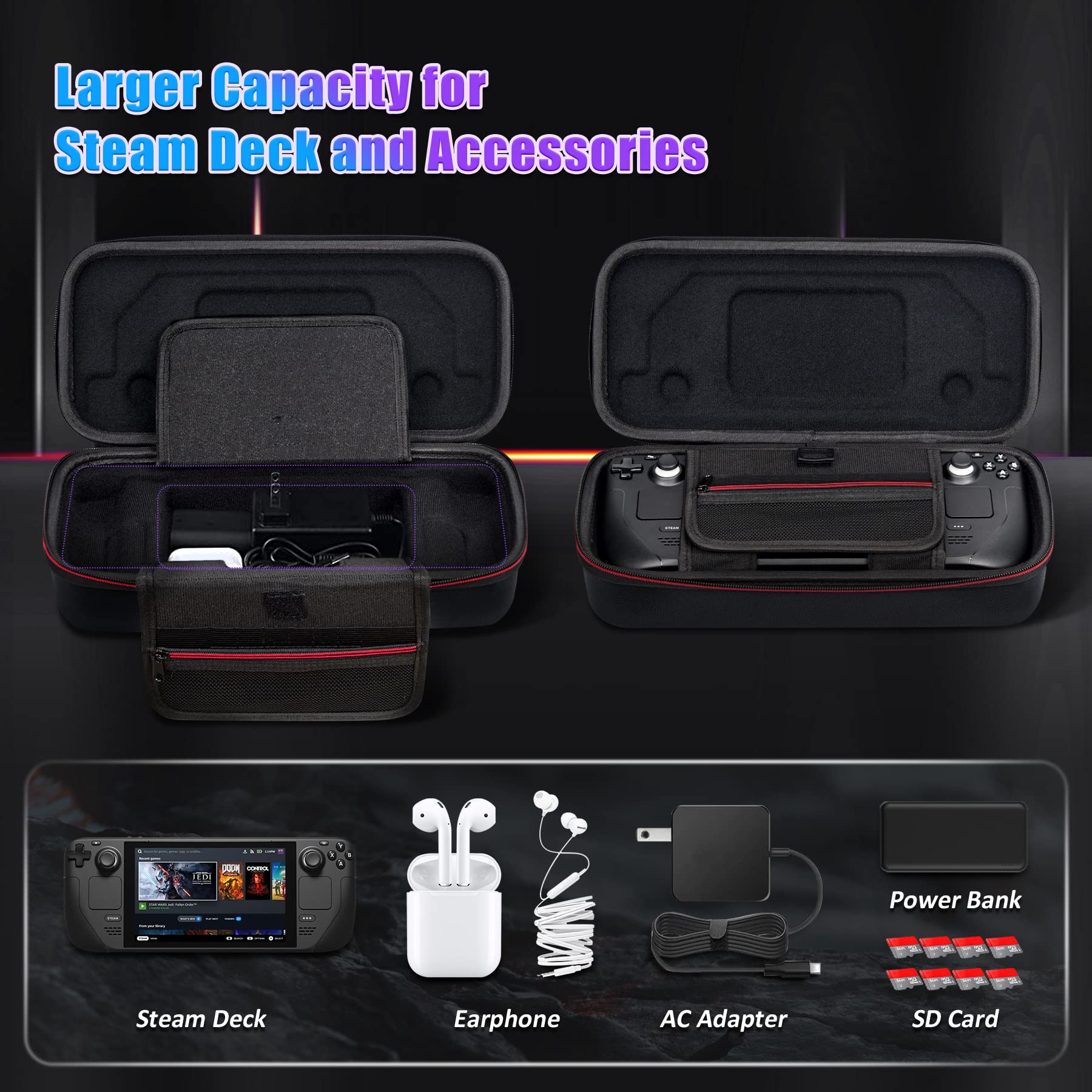 MENOLY Steam Deck Carrying Case, Steam Deck Case Bag with Shoulder Strap, Built-in Larger Storage and Game Stand Design, Portable Travel Case for Steam Deck Console & Accessories