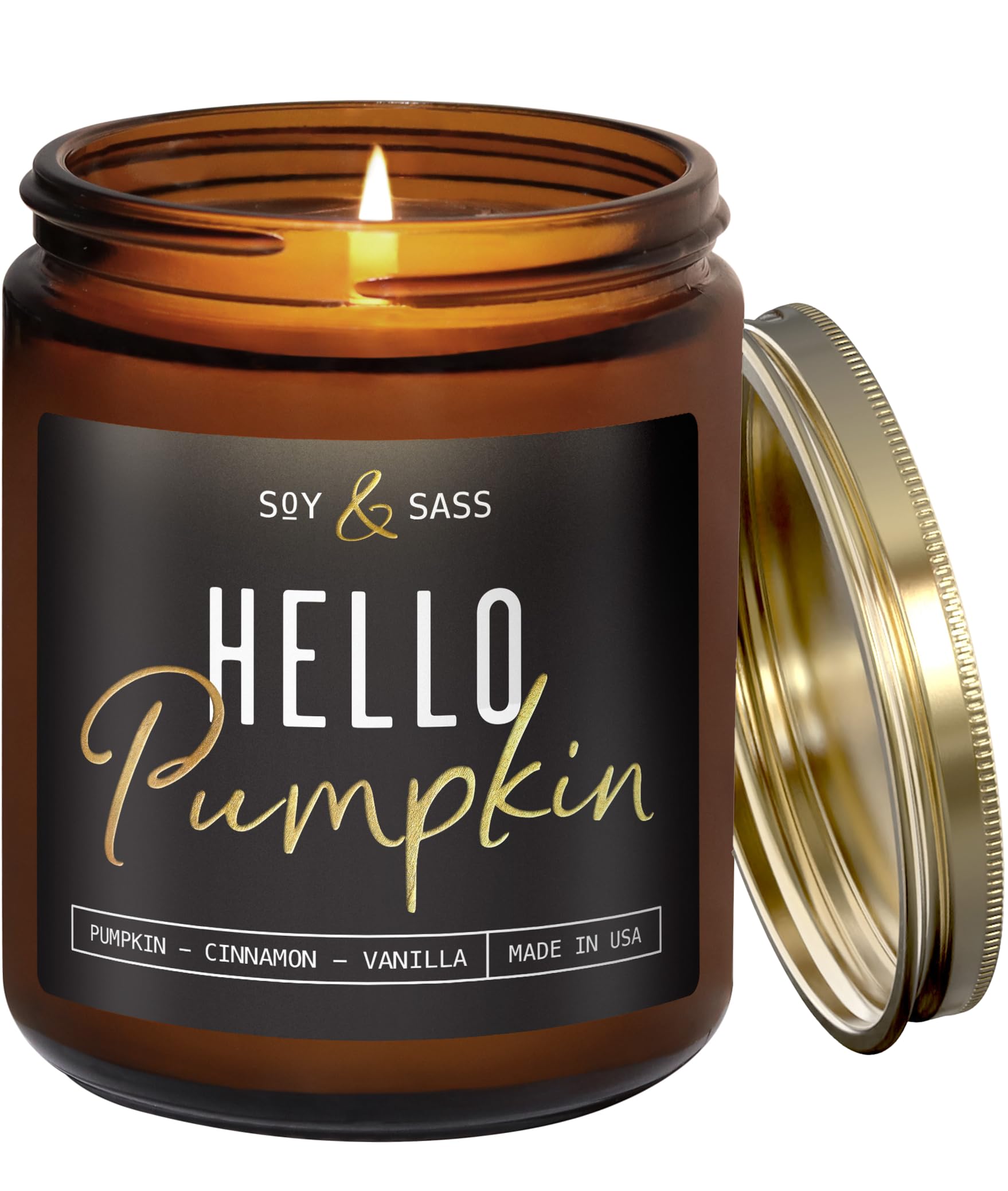 Pumpkin Spice Candle, Fall Candles - 'Hello Pumpkin' Pumpkin Candle, Autumn Scented Soy Candles for Home, Fall Scented Candles for Home, Fall Home Décor, 9oz Reusable Jar, 50Hr Burn, Made in USA