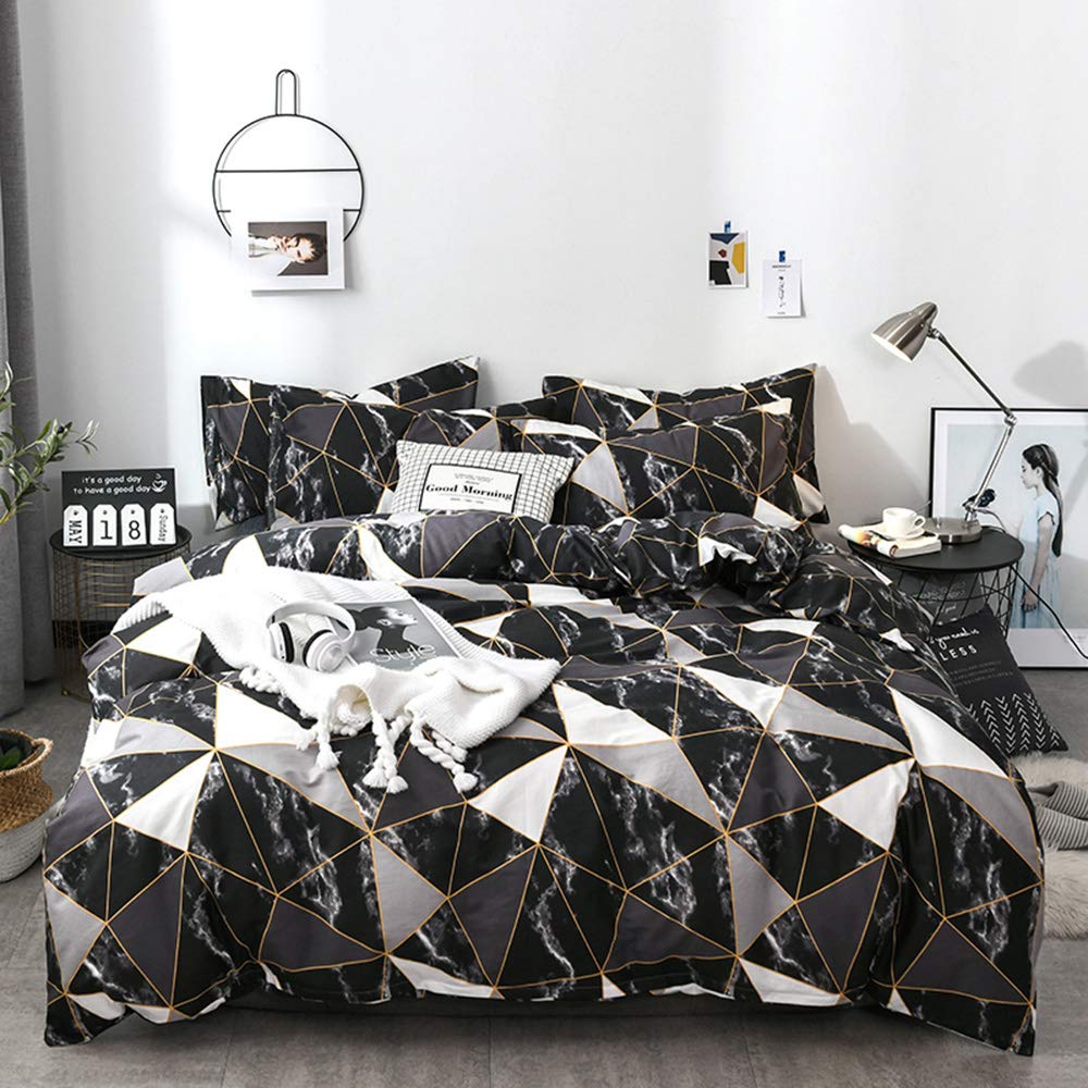 Houseri Queen Comforter Set Black White Grey Geometric Marble Plaid, 3 Pieces All Season Modern Chic Black Gold Line Bedding Sets Queen Size Soft Comfy Women Men Boys Aesthetic Diamond Grid Bed Quilt