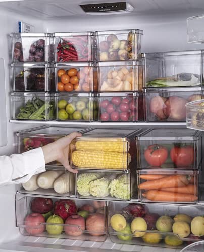 Set Of 7 Clear Fridge Organizer Stackable Refrigerator Organizer Bins with Lids,Pantry Organization and Storage,Apply to Fridge,Fresh Keeper Bin,with Vented Lids & Removable Drain Tray