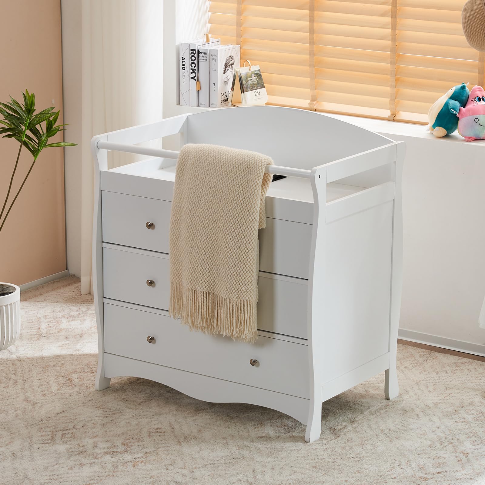 Karl home Changing Table Dresser Baby Diaper Changing Station Infant Nursing Table with 3 Drawers, Safety Rail & Strap for Bedroom, Nursery, Brown