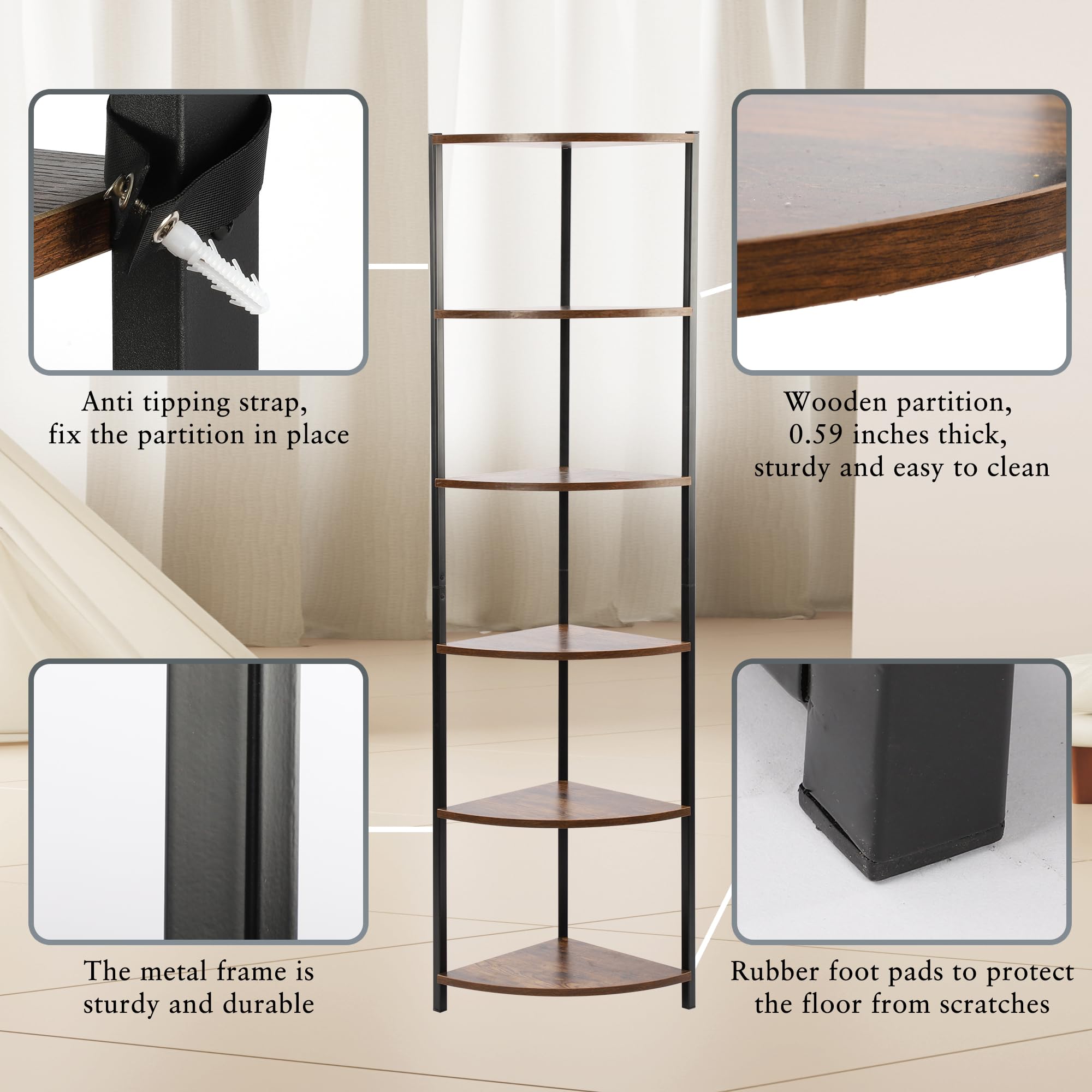 thksbought 6 Tier Corner Shelf,Display Shelf,Ladder Corner Wooden Storage Metal Frame Shelf,Multi-Functional Shelf Unit Wall Corner Shelf for Bedroom,Bathroom and Office Space (1,Dark Brown)