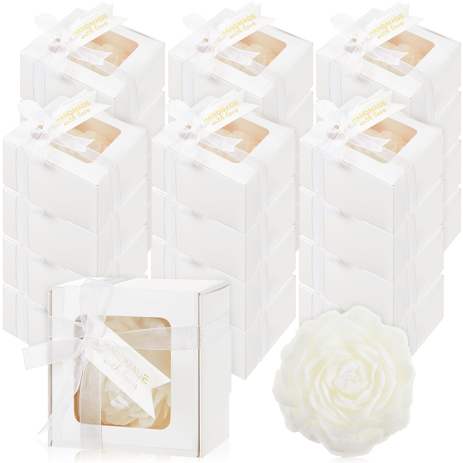 Threlaco 24 Sets Wedding Gift Candle Scented Flower Candle Gift Bridal Shower Favor Flower Candles Ribbon Thank You Tags for Wedding, Bachelorette Party Anniversary, Birthday Favor Supply Decorations