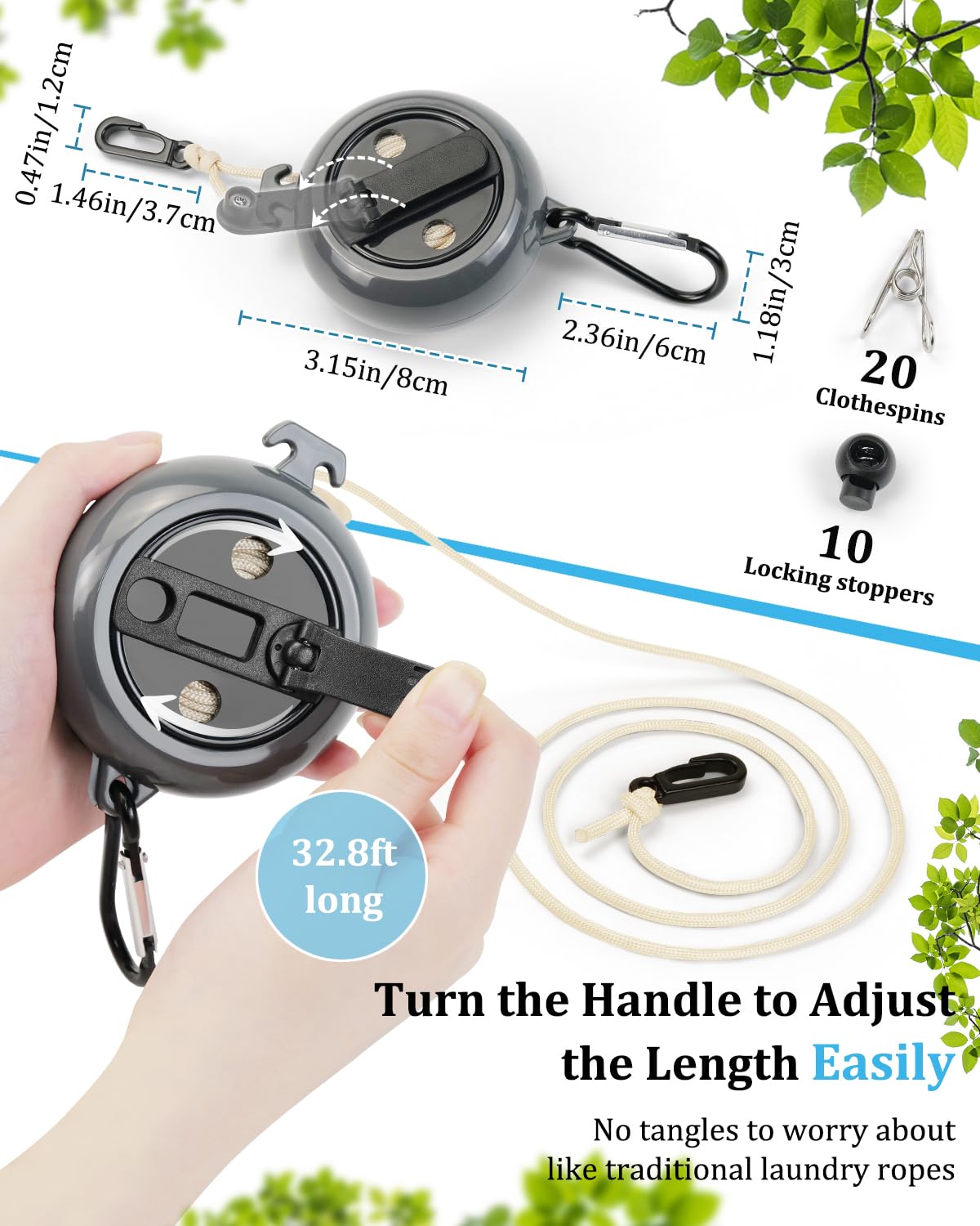Portable Travel Clothesline, 32.8ft Retractable Clothesline, Camping Clothes Line with 20 Clothespins & 10 Stoppers, Clothes Lines for Hanging Clothes Outside, Indoor or Outdoor (Grey-Black)